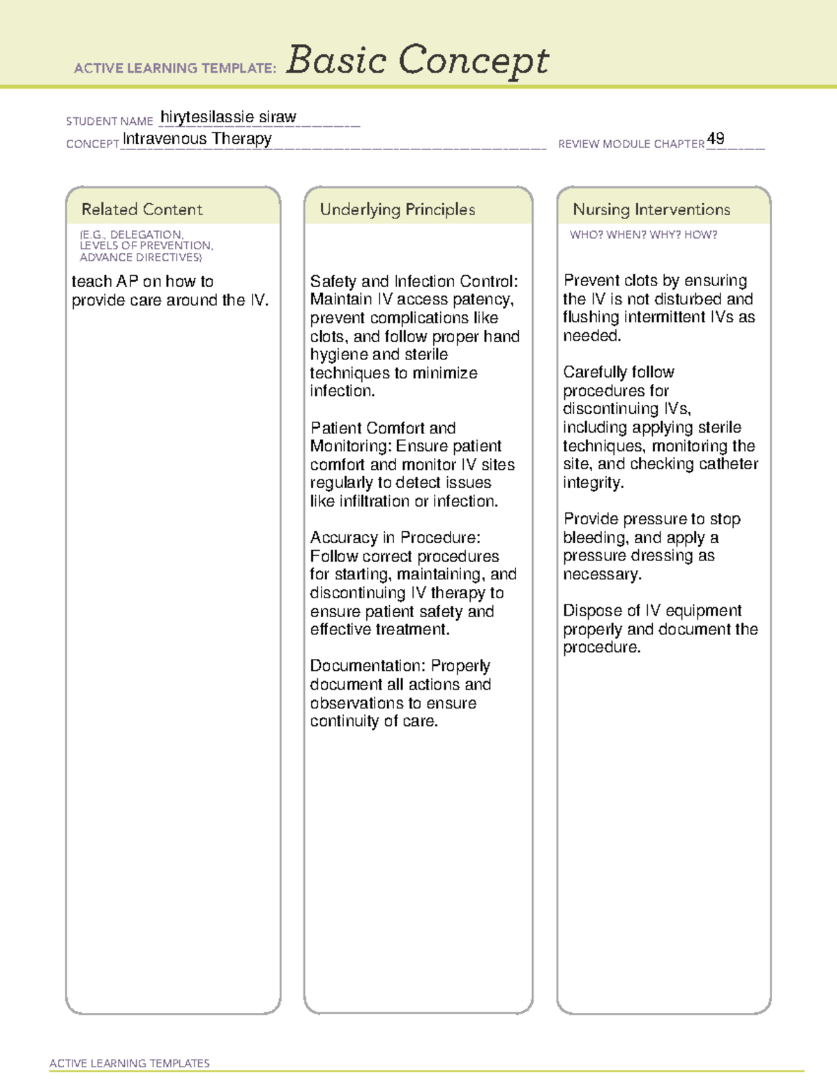 ACTIVE LEARNING TEMPLATE: IV Therapy Concepts & Nursing Interventions ...