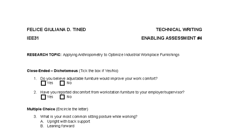 IEE31 Technical Writing: Research on Ergonomics in Workstations - Studocu