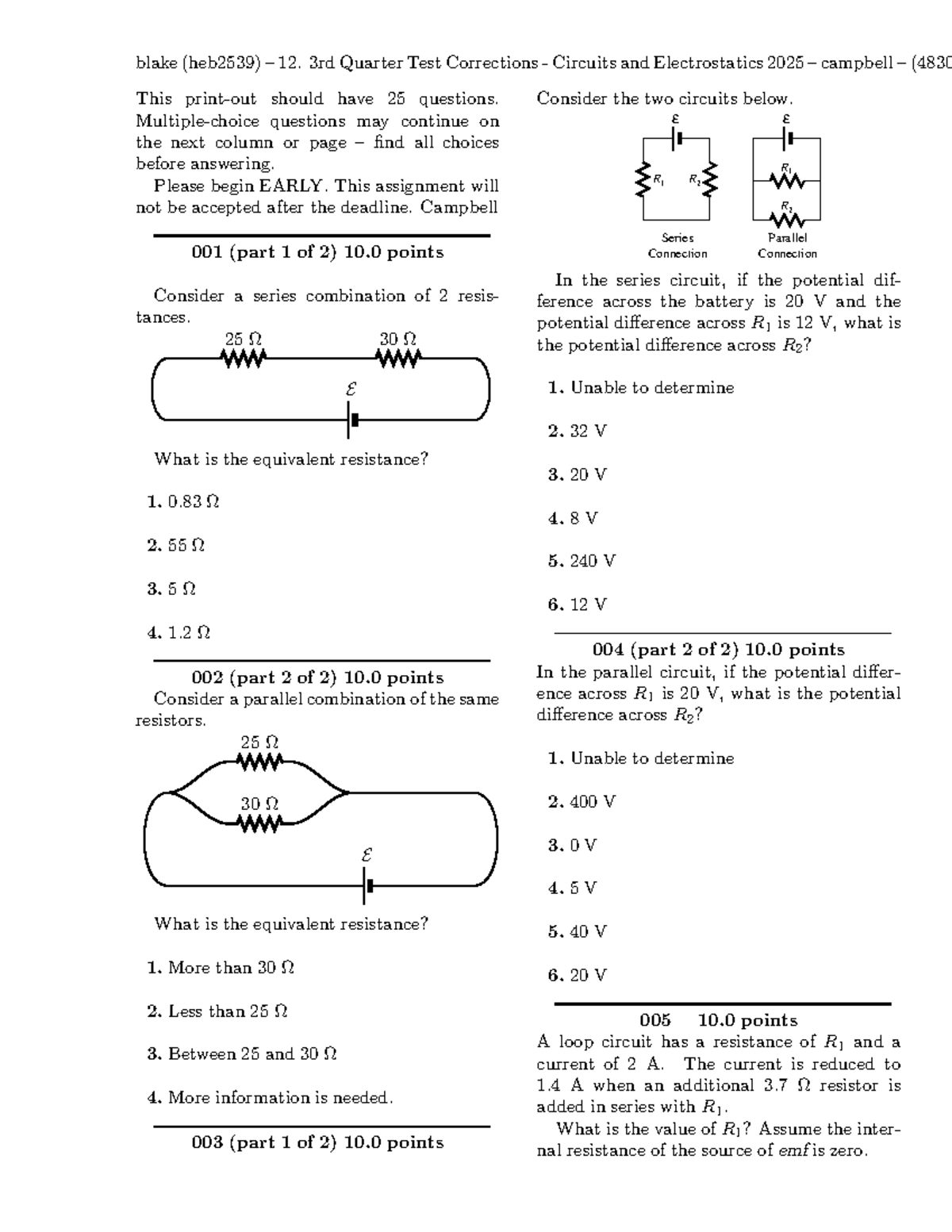 12. HEB2539 3rd Quarter Test Corrections: Circuits & Electrostatics ...