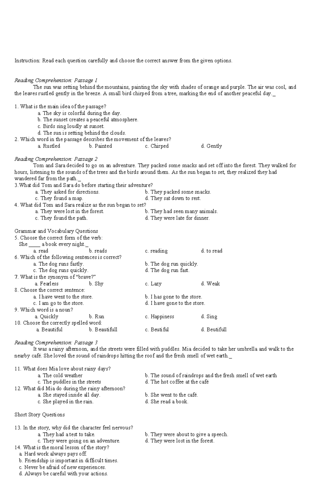 DR 7 - 2nd Quarter Reading Comprehension & Grammar Practice - Studocu