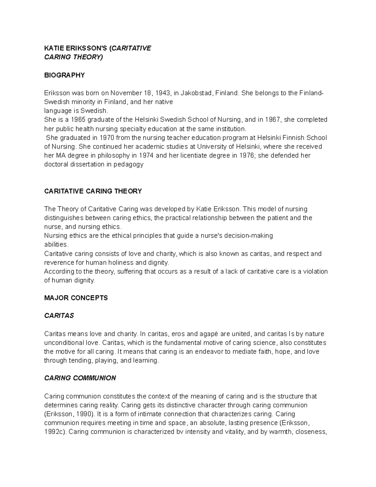 Katie Eriksson's Caritative Caring Theory: Concepts and Ethics Overview ...