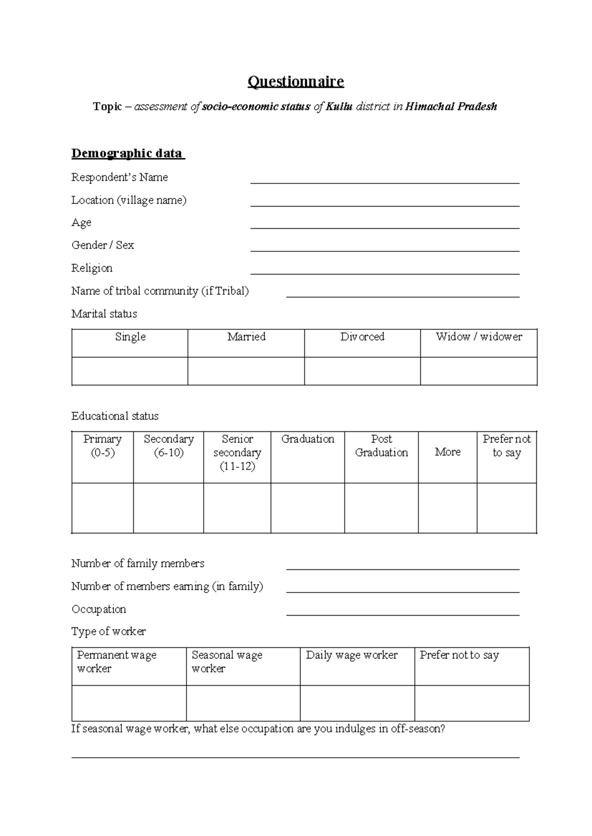Questionnaire - socio-economic conditions of himalayas - Questionnaire ...