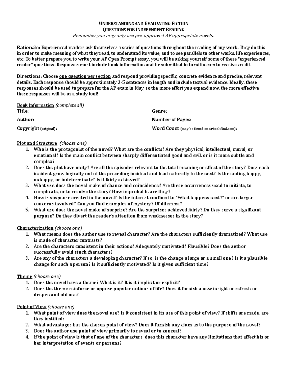 AP Literature: Evaluating Fiction Questions for Independent Reading ...
