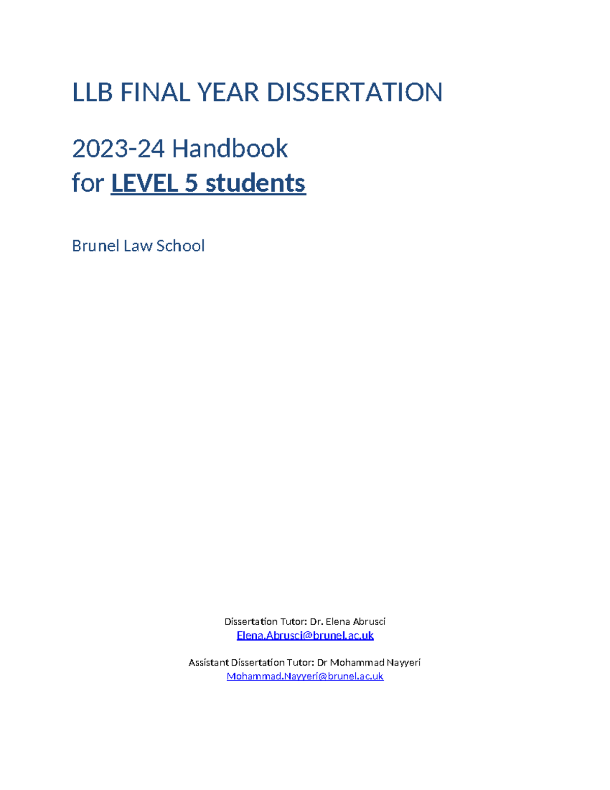 Disso Handbook 2023-24 L5 - Copy - LLB FINAL YEAR DISSERTATION 2023-24 Handbook for LEVEL 5 ...
