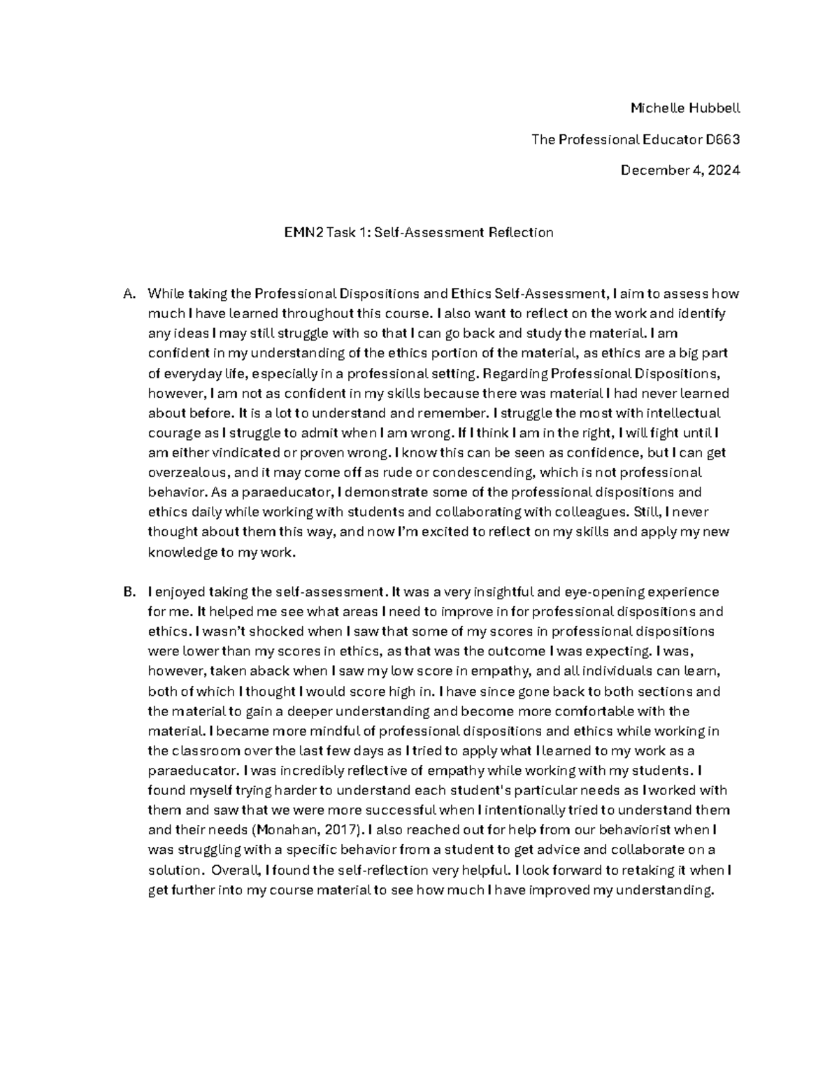 D663 EMN2 Task 1: Reflection on Professional Dispositions & Ethics - Studocu