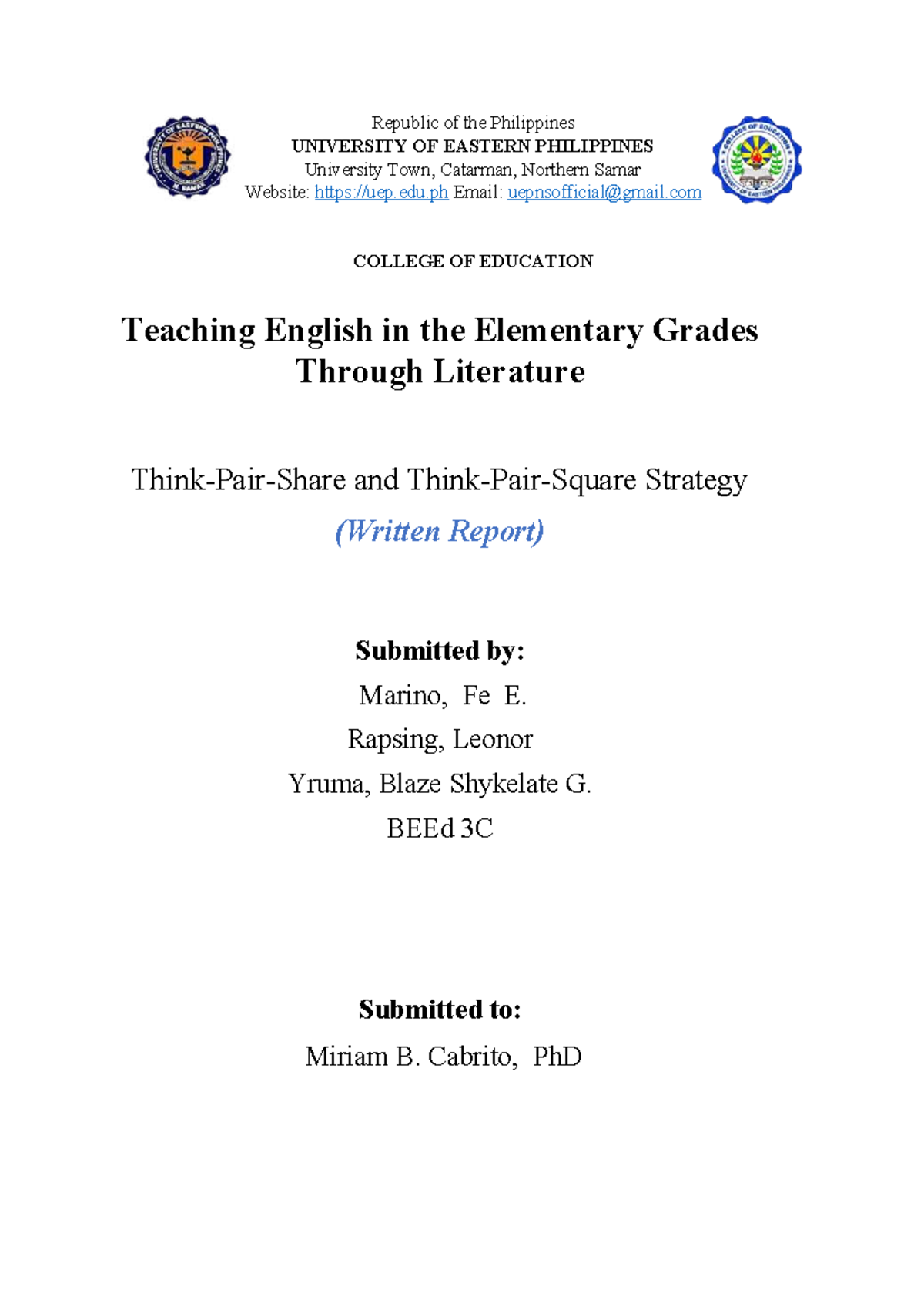 BEEd 3C WR: Teaching English Strategies - Think Pair Share & Square - Studocu