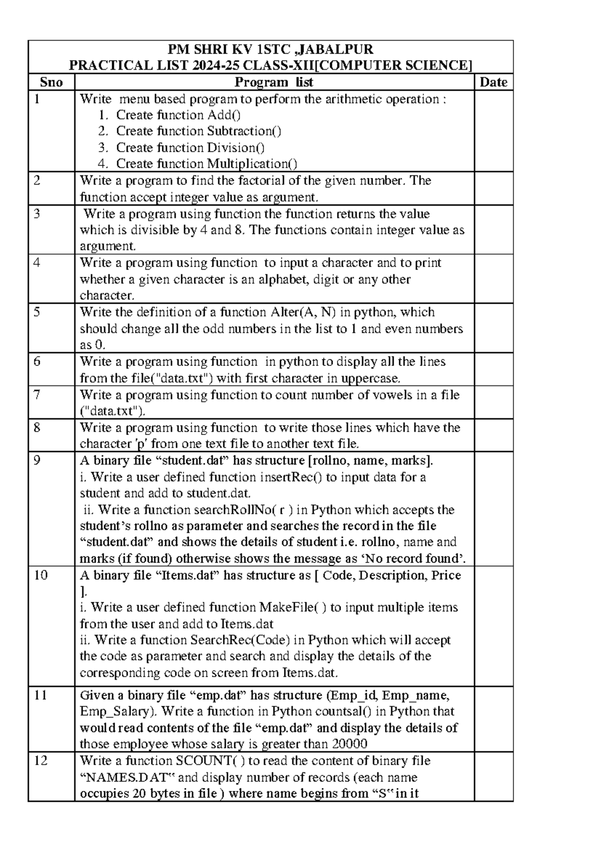 Xii cs practical list 2024 - PM SHRI KV 1STC ,JABALPUR PRACTICAL LIST 2024-25 CLASS-XII[COMPUTER ...