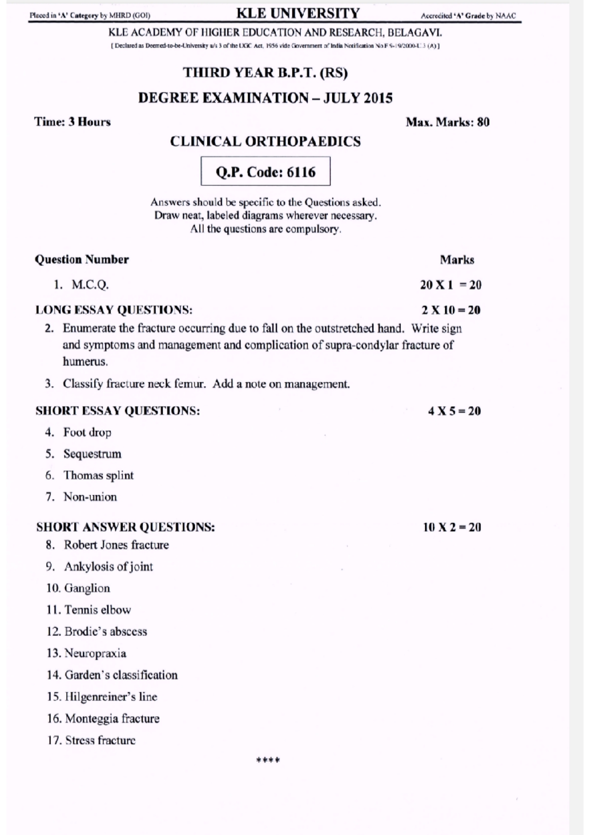 Third Year BPT(RS) Clinical Orthopaedics Exam Question Papers (2015 ...