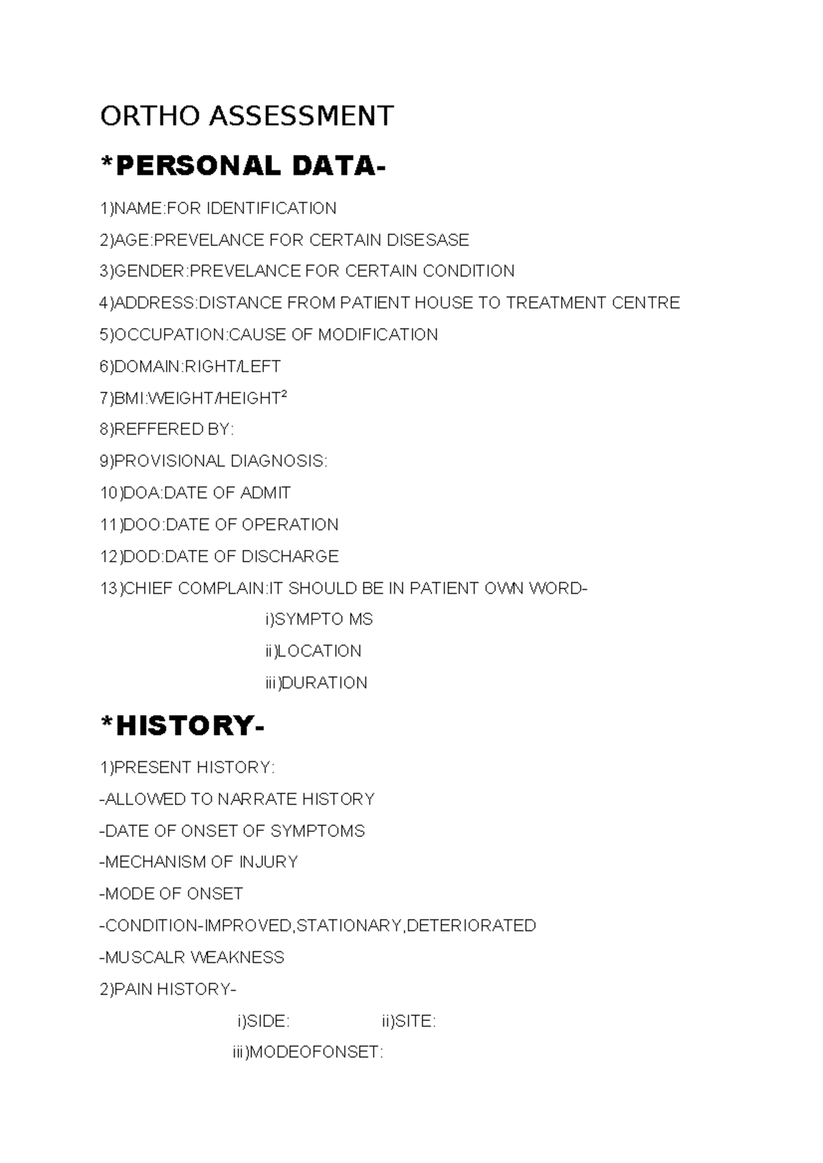 ORTHO ASSESSMENT: Comprehensive Patient Evaluation Guide - Studocu