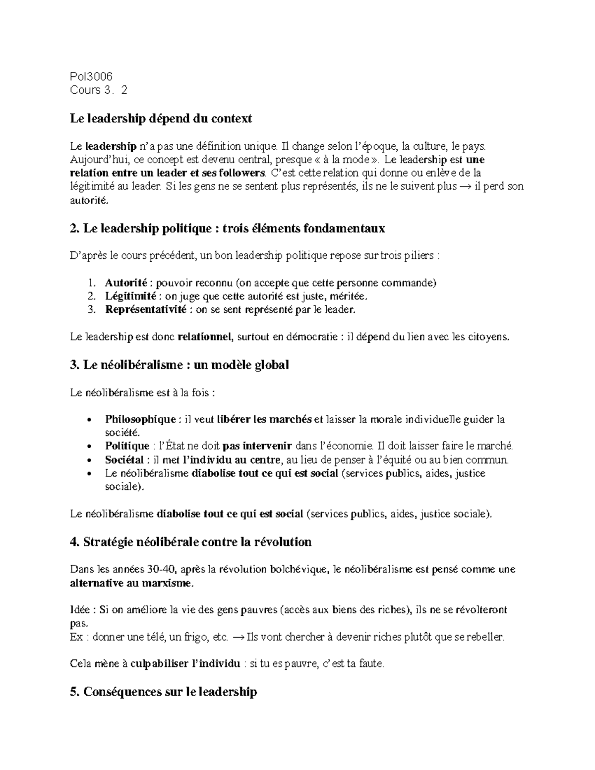 Pol3006 Cours 3: Leadership et Néolibéralisme en Politique - Studocu