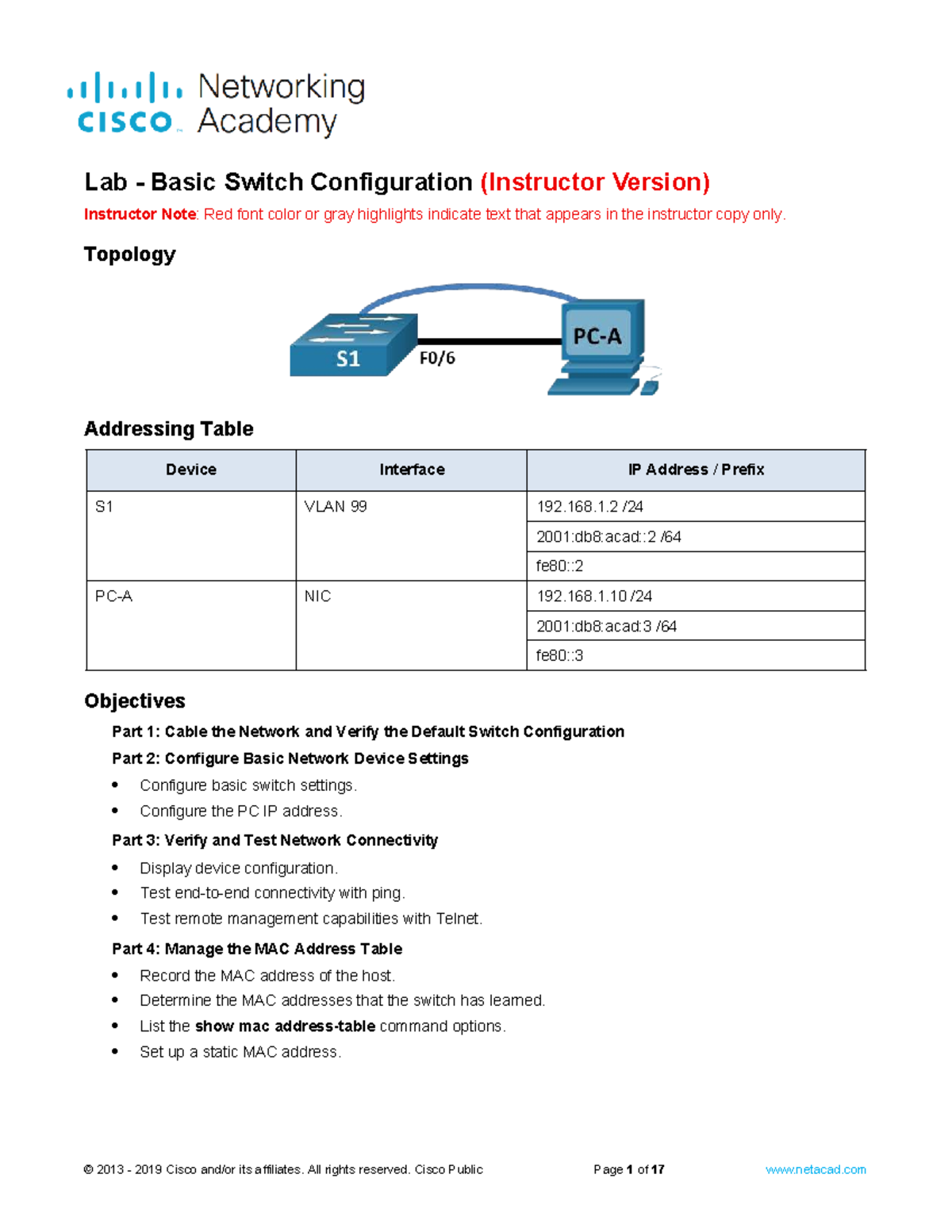 1.1.7 Lab - Basic Switch Configuration (Instructor Version) - Studocu