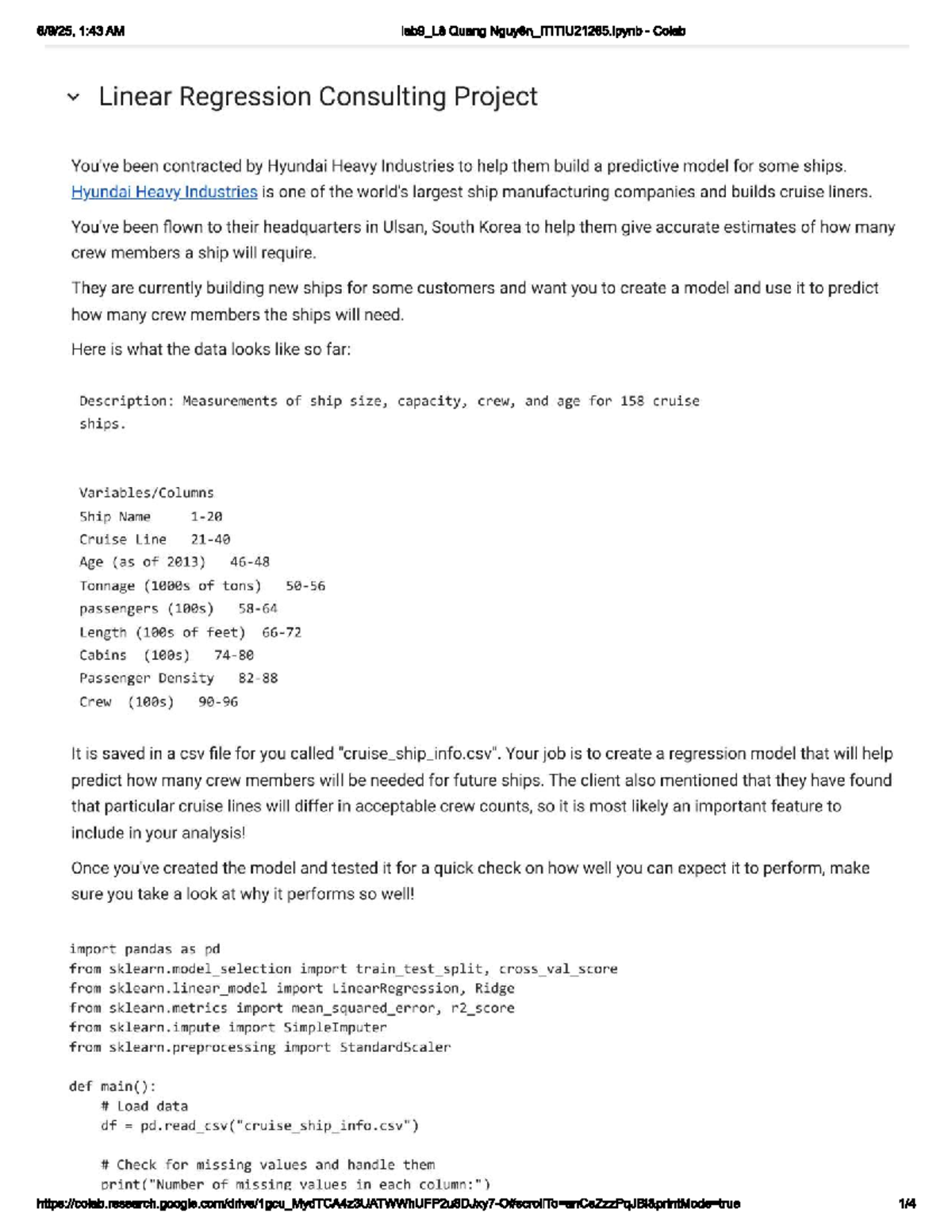 Lab 9: Linear Regression Model for Crew Prediction - ITITIU21265 - Studocu