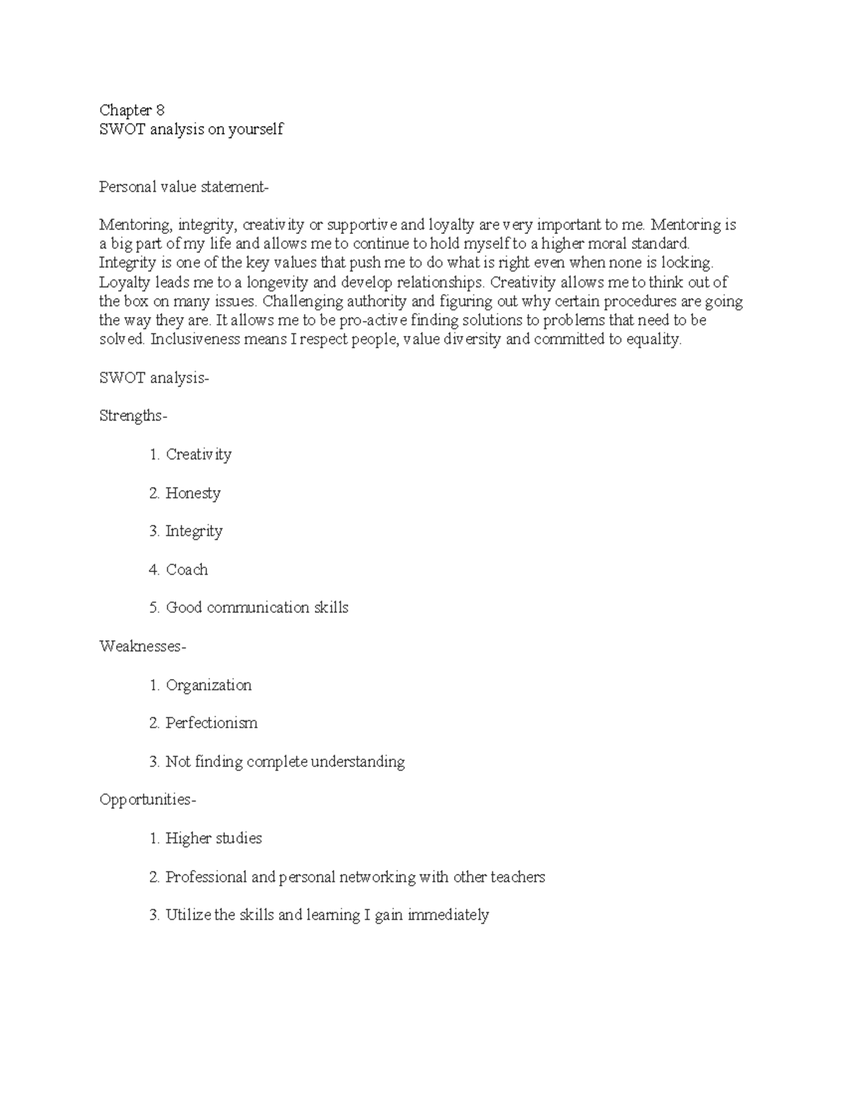 Chapter 8 & 9 - Personal SWOT Analysis and Value Statement - Studocu