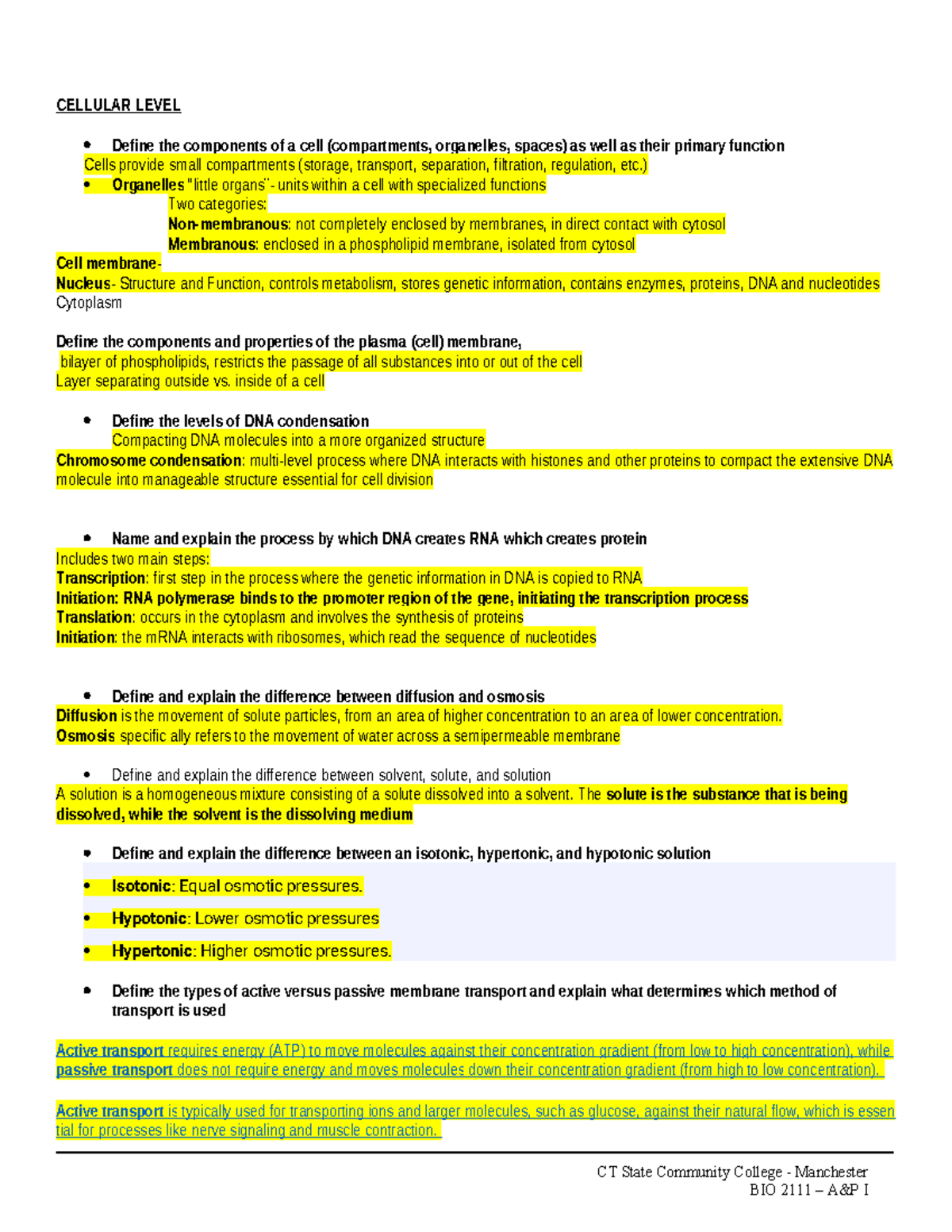 BIO 2111 - Study Guide: Cellular Level & Membrane Functions - Studocu