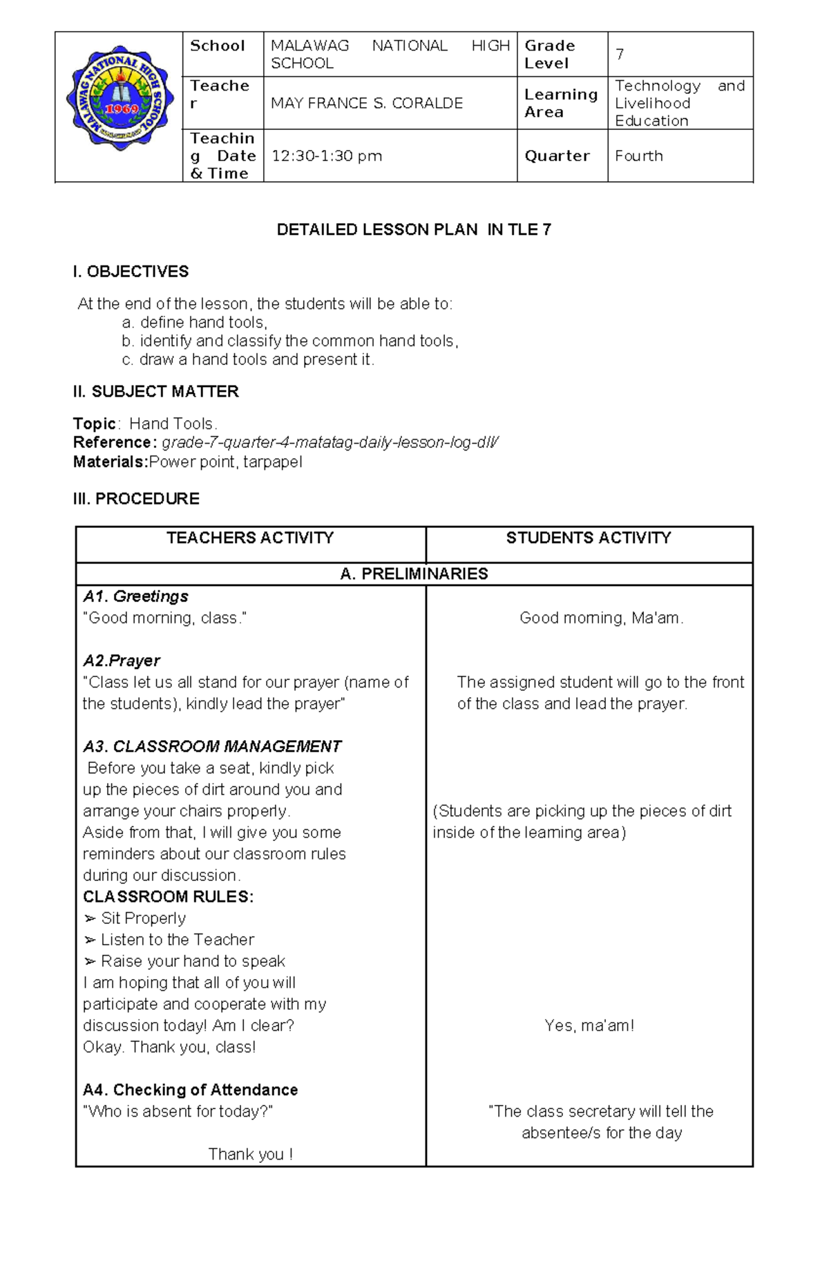Detailed Lesson Plan in TLE 7: Understanding Hand Tools - Studocu
