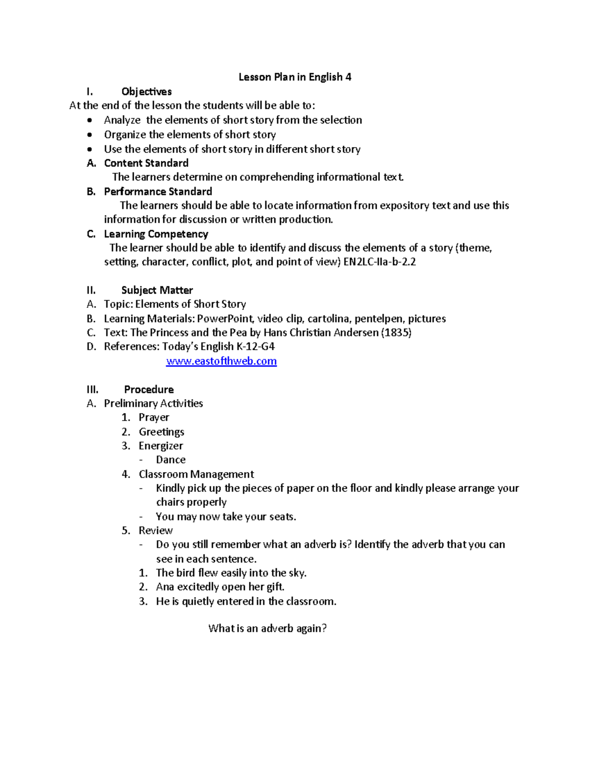 Grade 4 English Lesson Plan: Analyzing Short Story Elements - Studocu