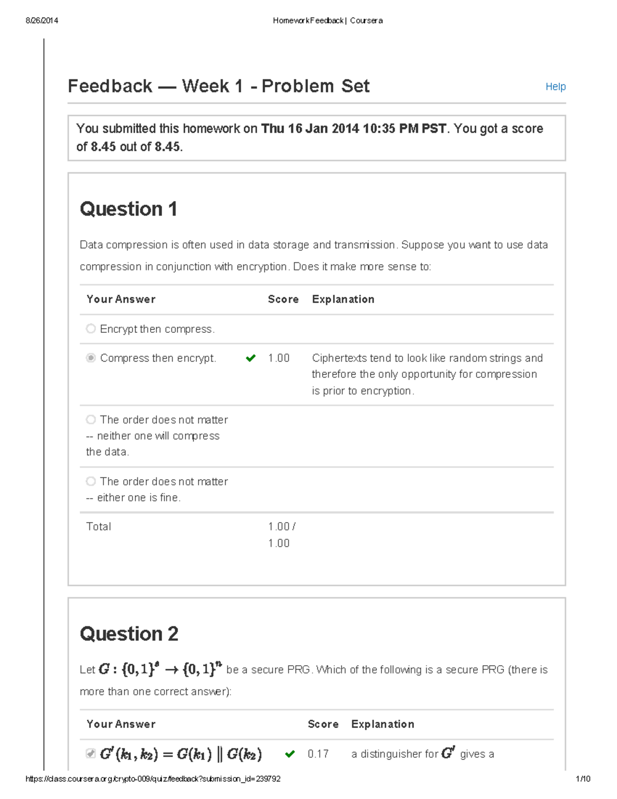 390027834 Coursera Crypto Quiz 1 Feedback and Score Analysis - Studocu