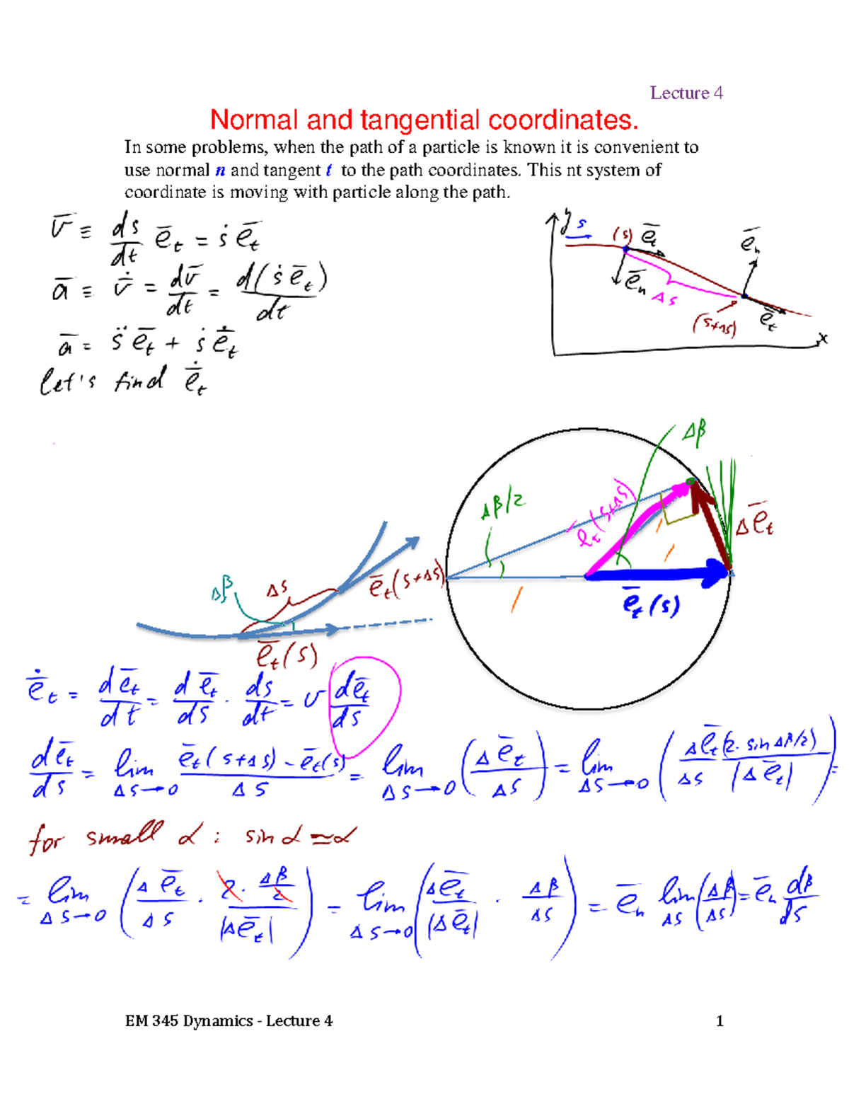 L4 - Lecture notes 4 - Lecture 4 Normal and tangential coordinates. In ...
