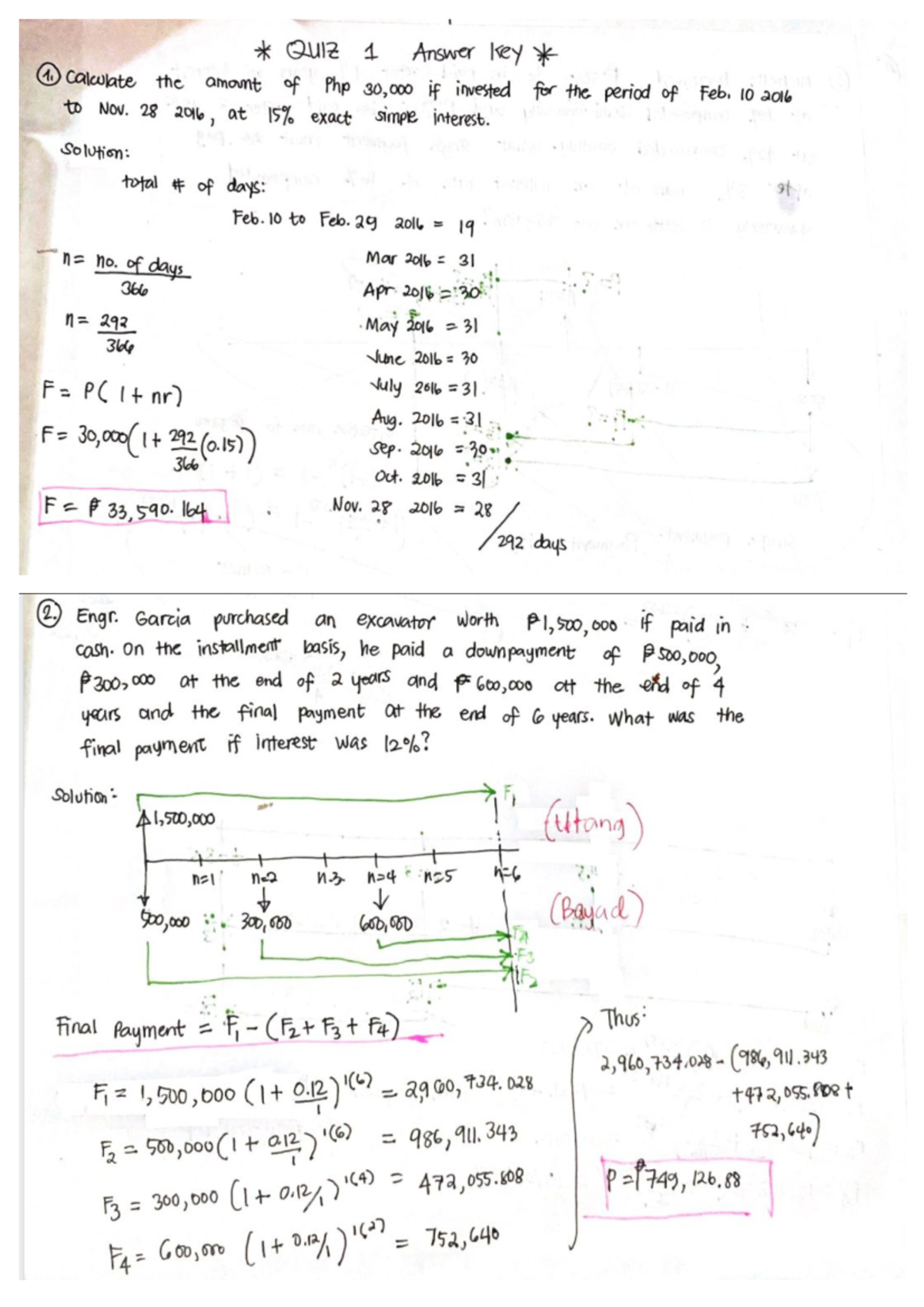 CEE 109 QUIZ 1 Answer Key: Simple Interest & Final Payment Calculations ...