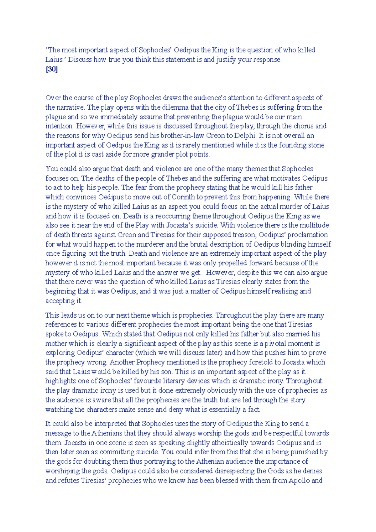 30M Essay - Analyzing the Importance of Laius' Murder in Oedipus - Studocu