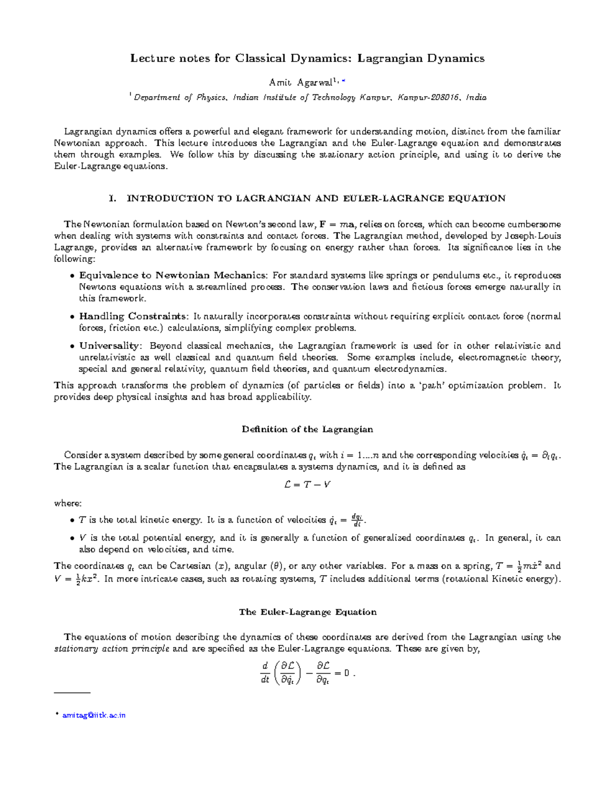 Lecture Notes on Lagrangian Dynamics: Classical Mechanics (PHYS 4492381 ...