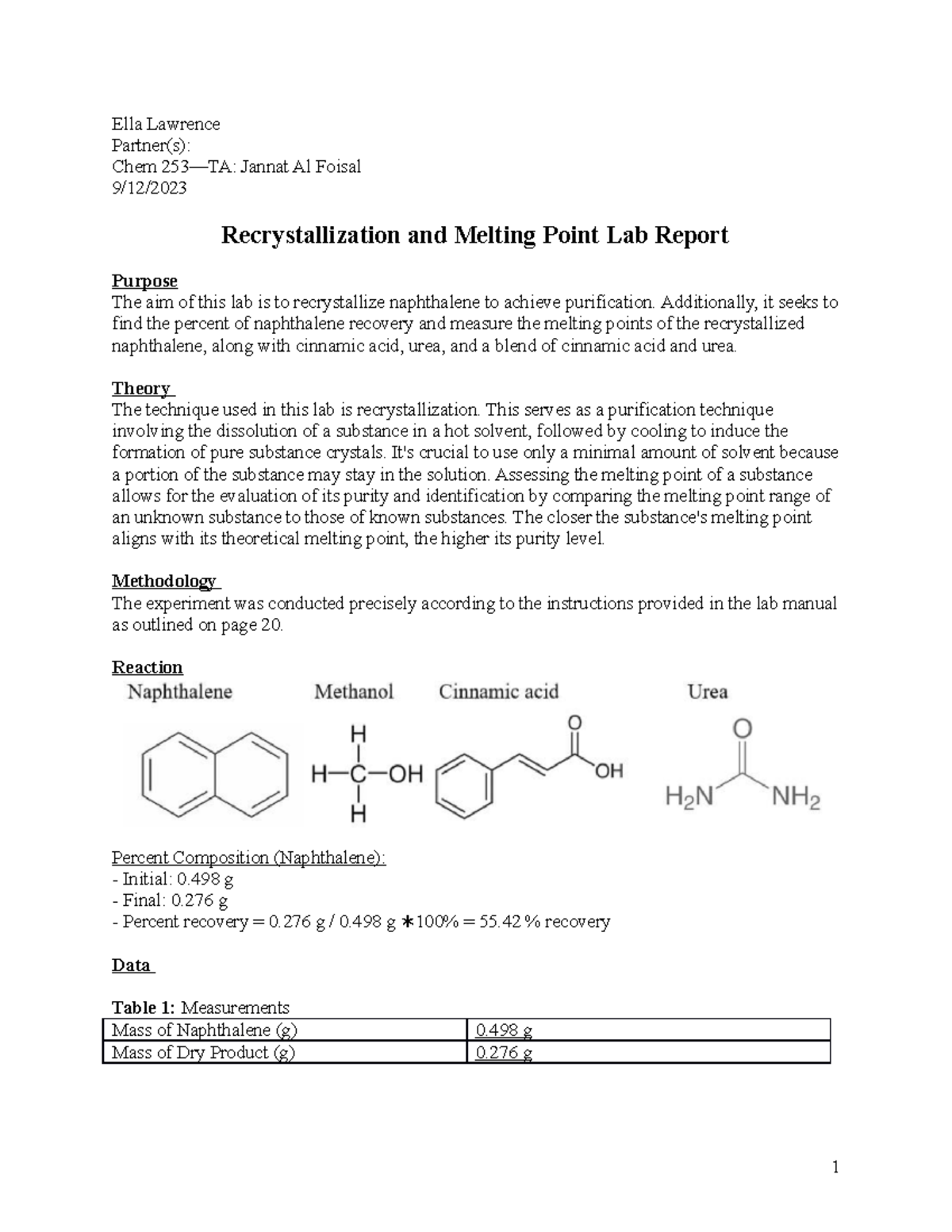 Chem 253 Lab #3 - Recrystallization & Melting Point Report - Studocu