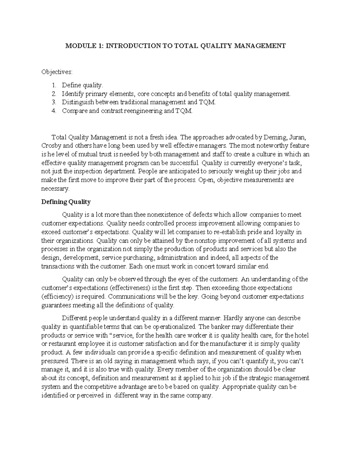 TQM Module 1: Introduction to Total Quality Management Concepts - Studocu