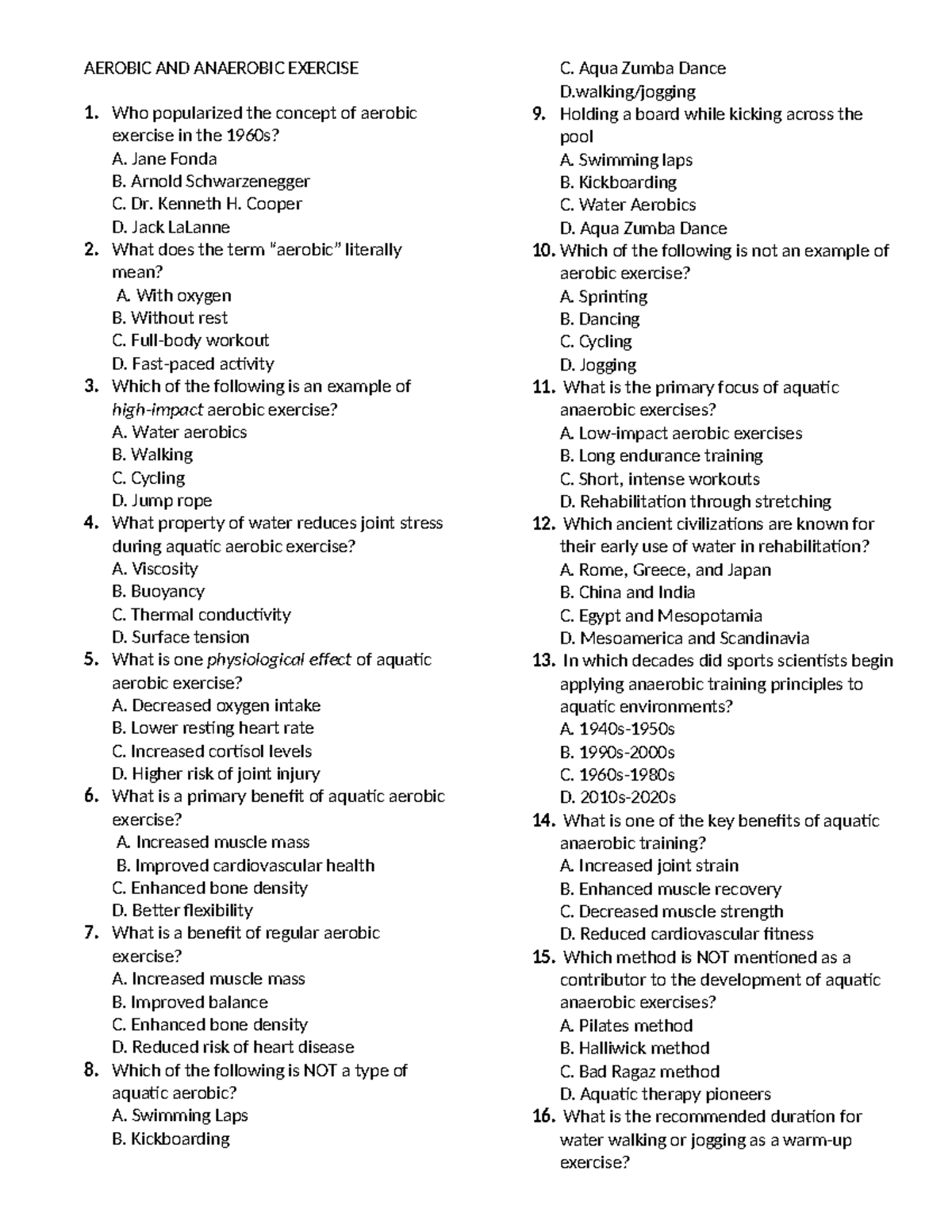 AER 101: Aerobic and Anaerobic Exercise Questionnaires - Studocu