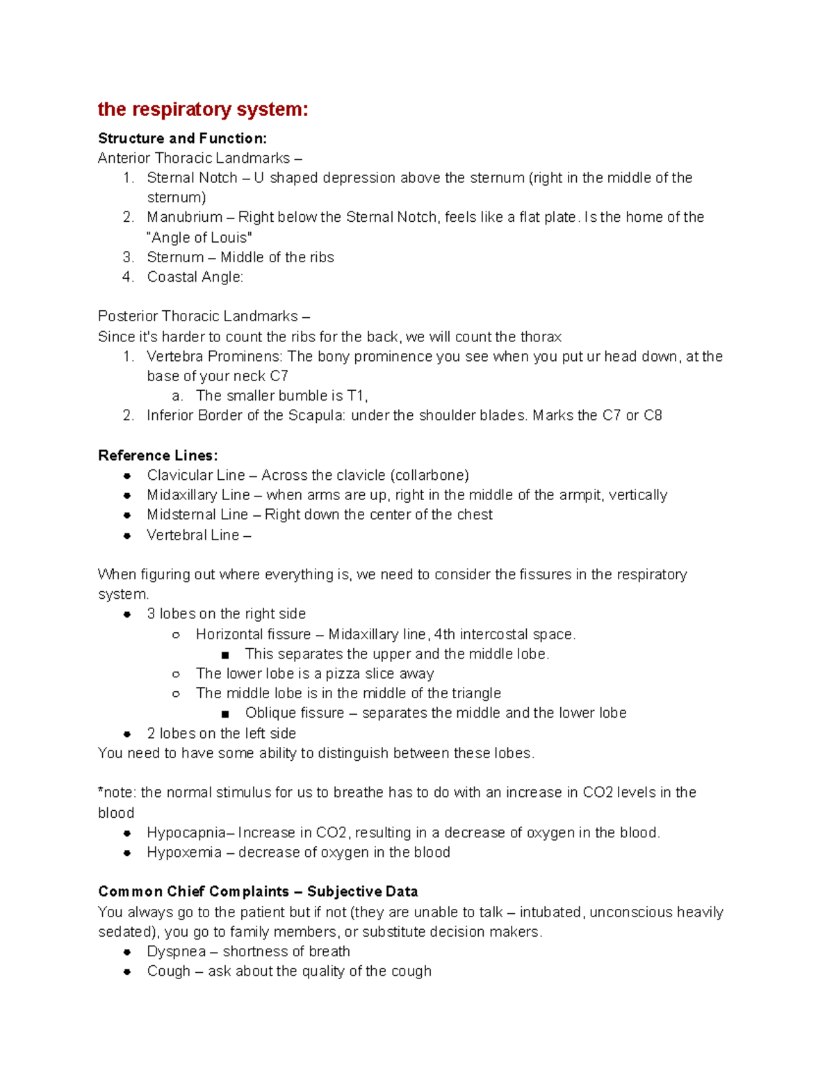 Week 6 Respiratory Assessment: Structure, Function & Landmarks - Studocu