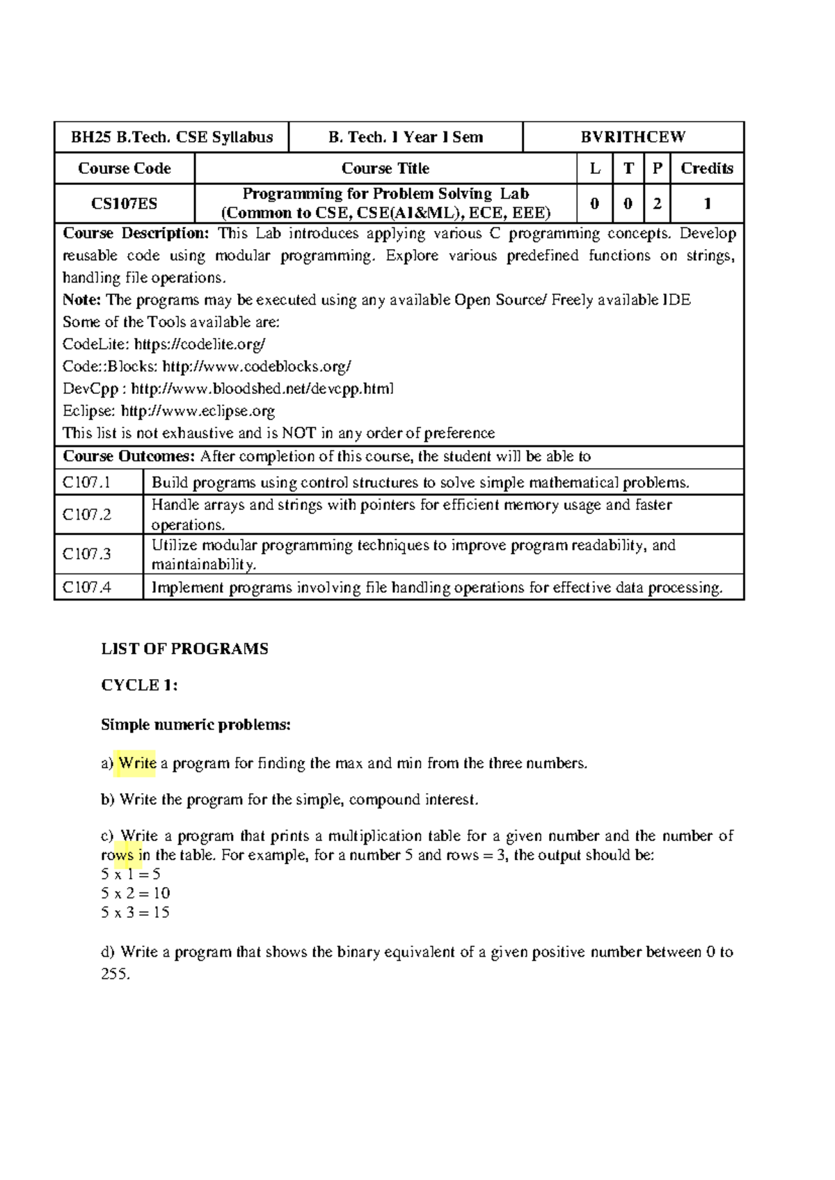 BH25 B.Tech. CSE I Year I Sem - Programming for Problem Solving Lab ...