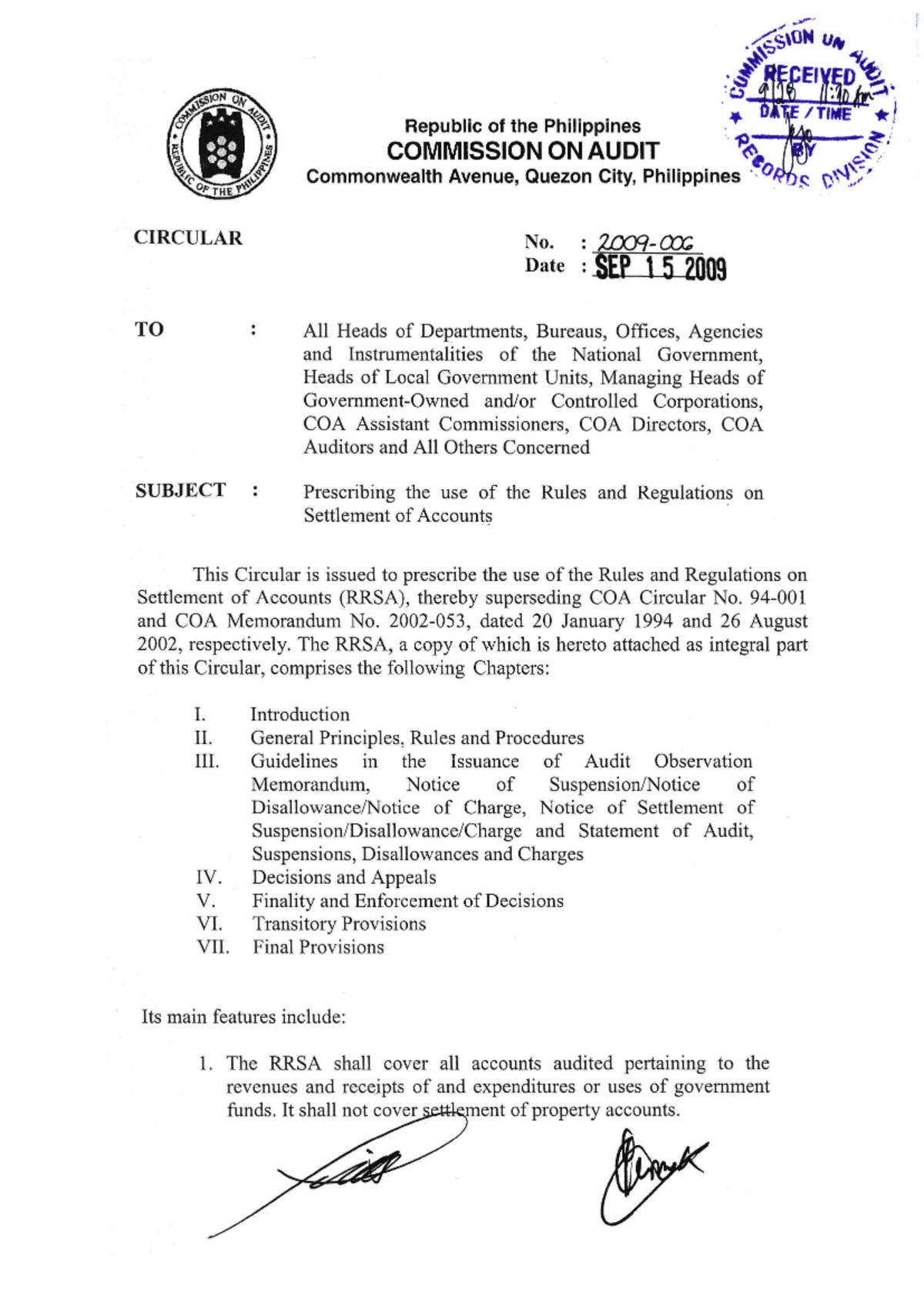 RRSA COA Circular 2009-006: Rules on Settlement of Accounts - Studocu