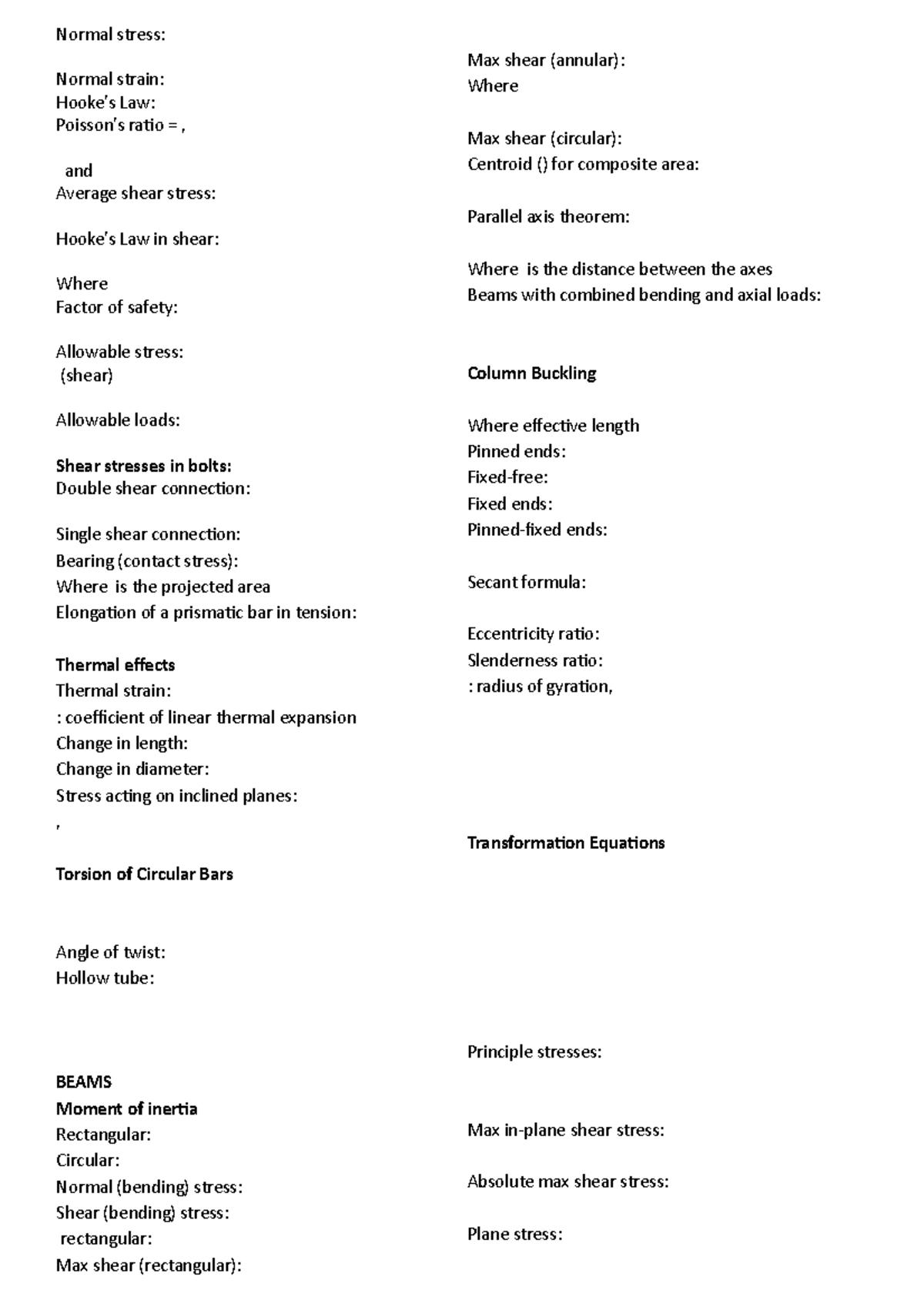 Stress Analysis & Design Formula Sheet – ME 101 - Studocu
