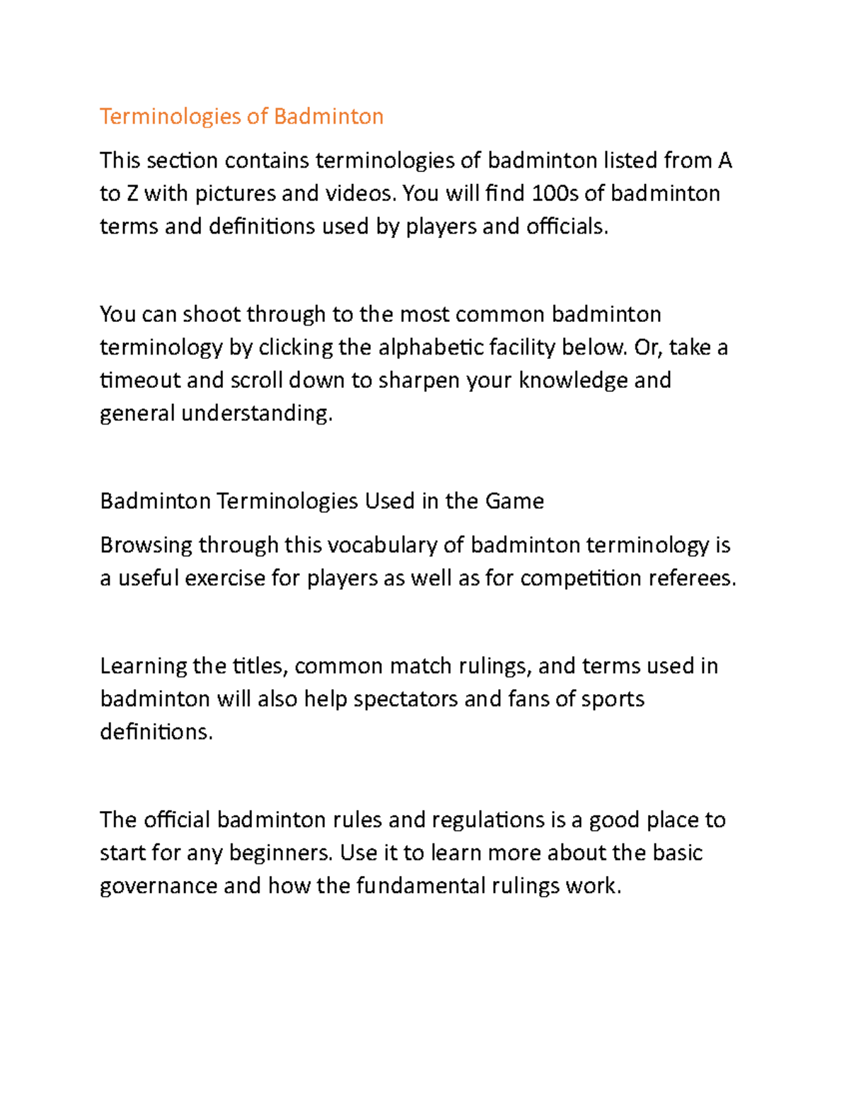 Comprehensive A-Z Badminton Terminology Guide - Studocu