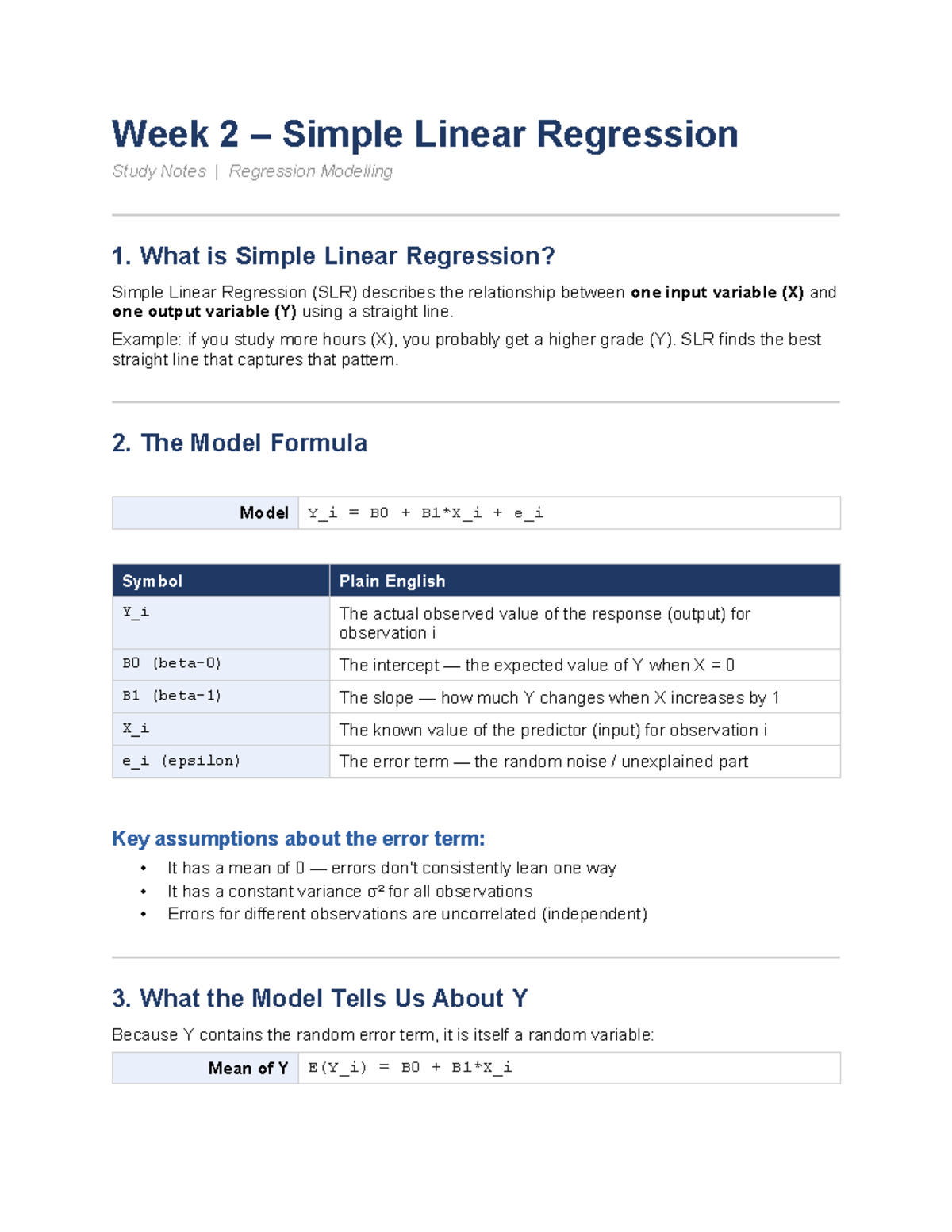 Week 2 Regression Modelling 1: Simple Linear Regression Notes - Studocu