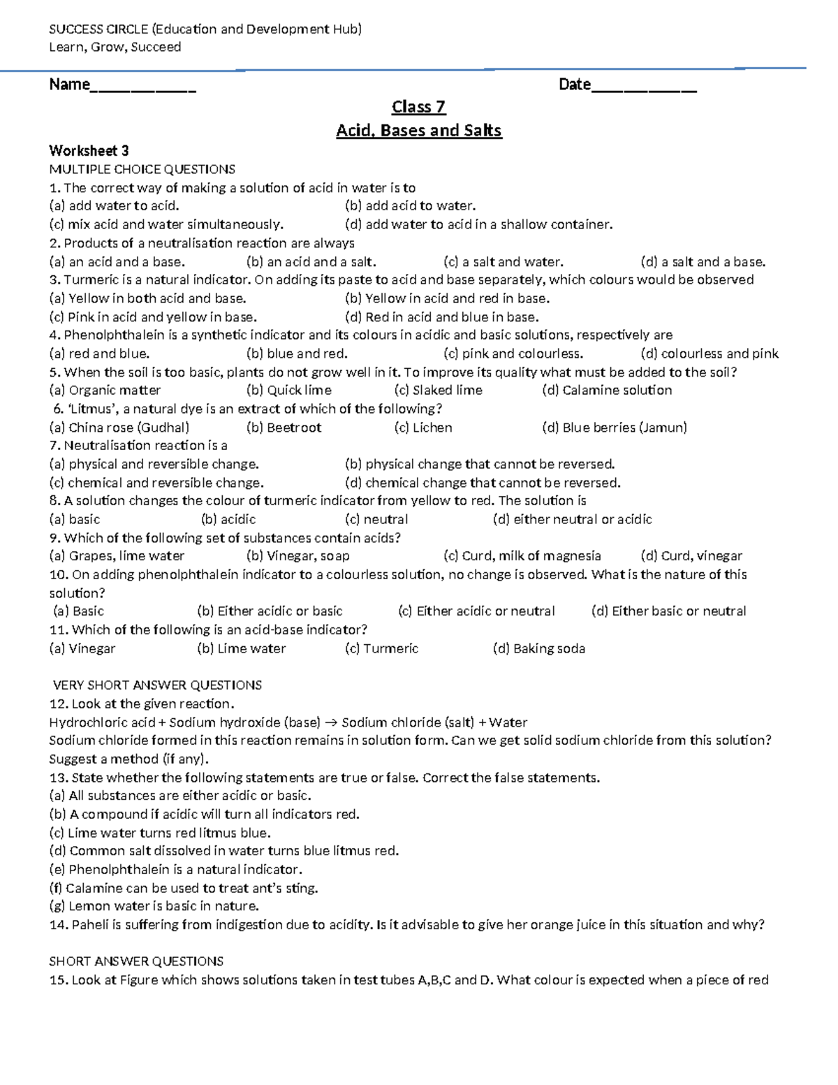Acid, Bases, and Salts Worksheet 3 - Class 7 Multiple Choice Questions ...