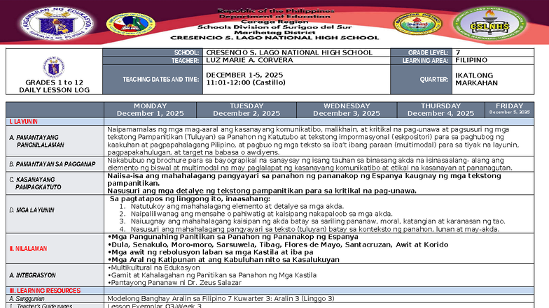 Filipino 7 Lesson Plan: Week 2 Daily Log and Activities - Studocu