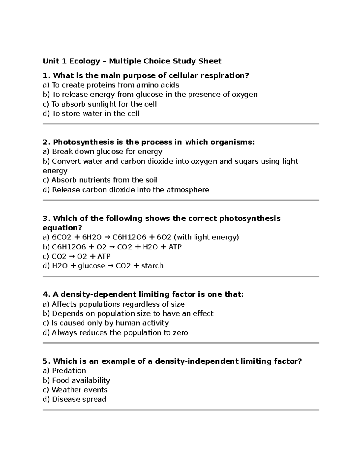 Unit 1 Ecology Final Exam Review Sheet - Studocu