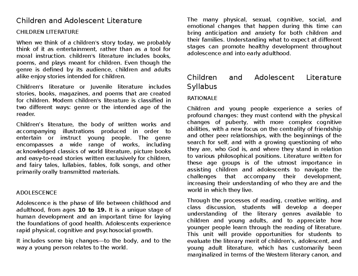 Children and Adolescent Literature - Children and Adolescent Literature ...