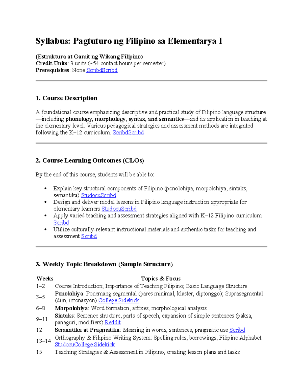 Syllabus: Pagtuturo ng Filipino sa Elementarya I (3 Units) - Studocu