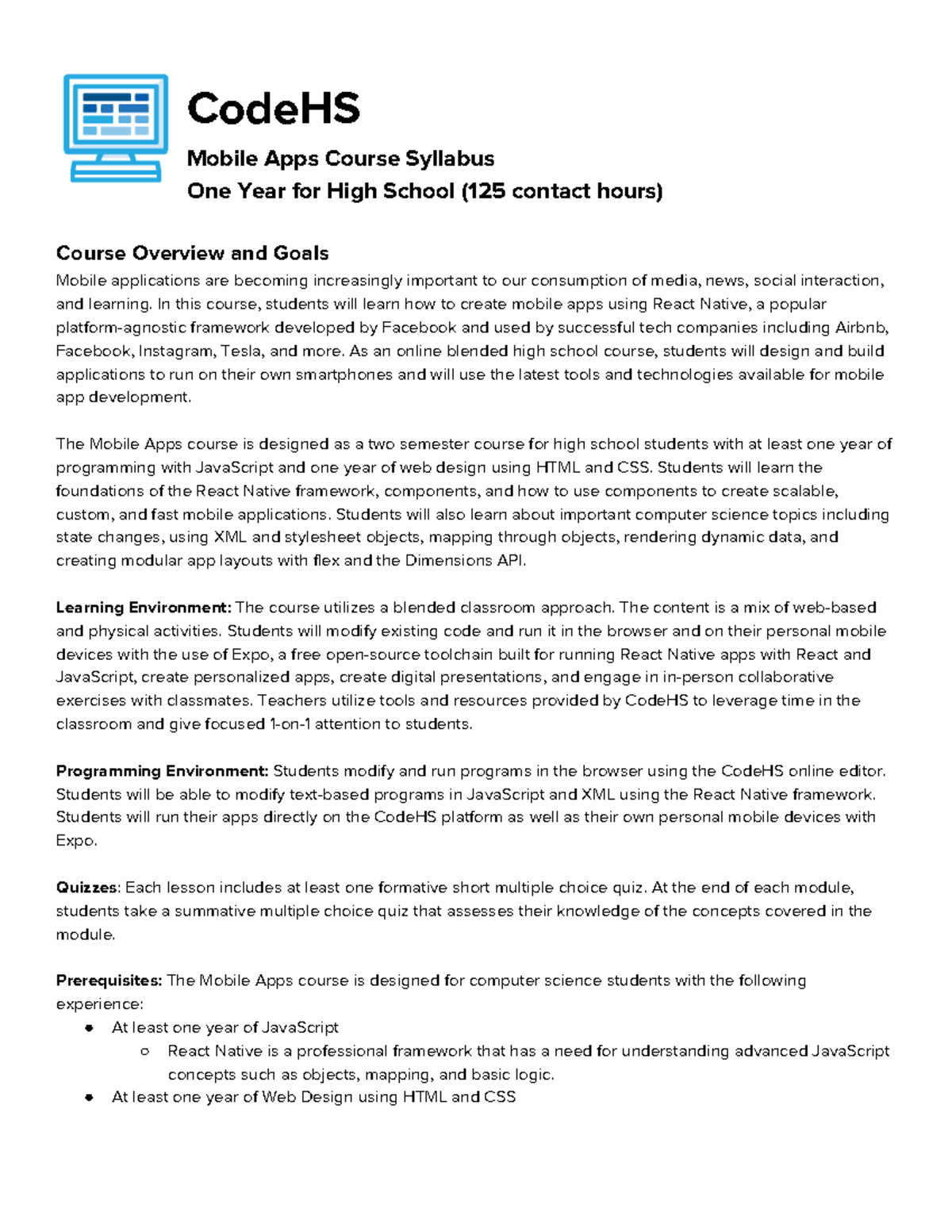 Mobile Apps Development - CodeHS Mobile Apps Course Syllabus One Year ...