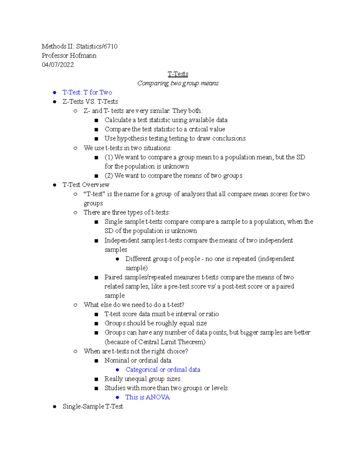 PS 201M-002 T-Tests - Methods II: Statistics/ Professor Hofmann 04/07 ...