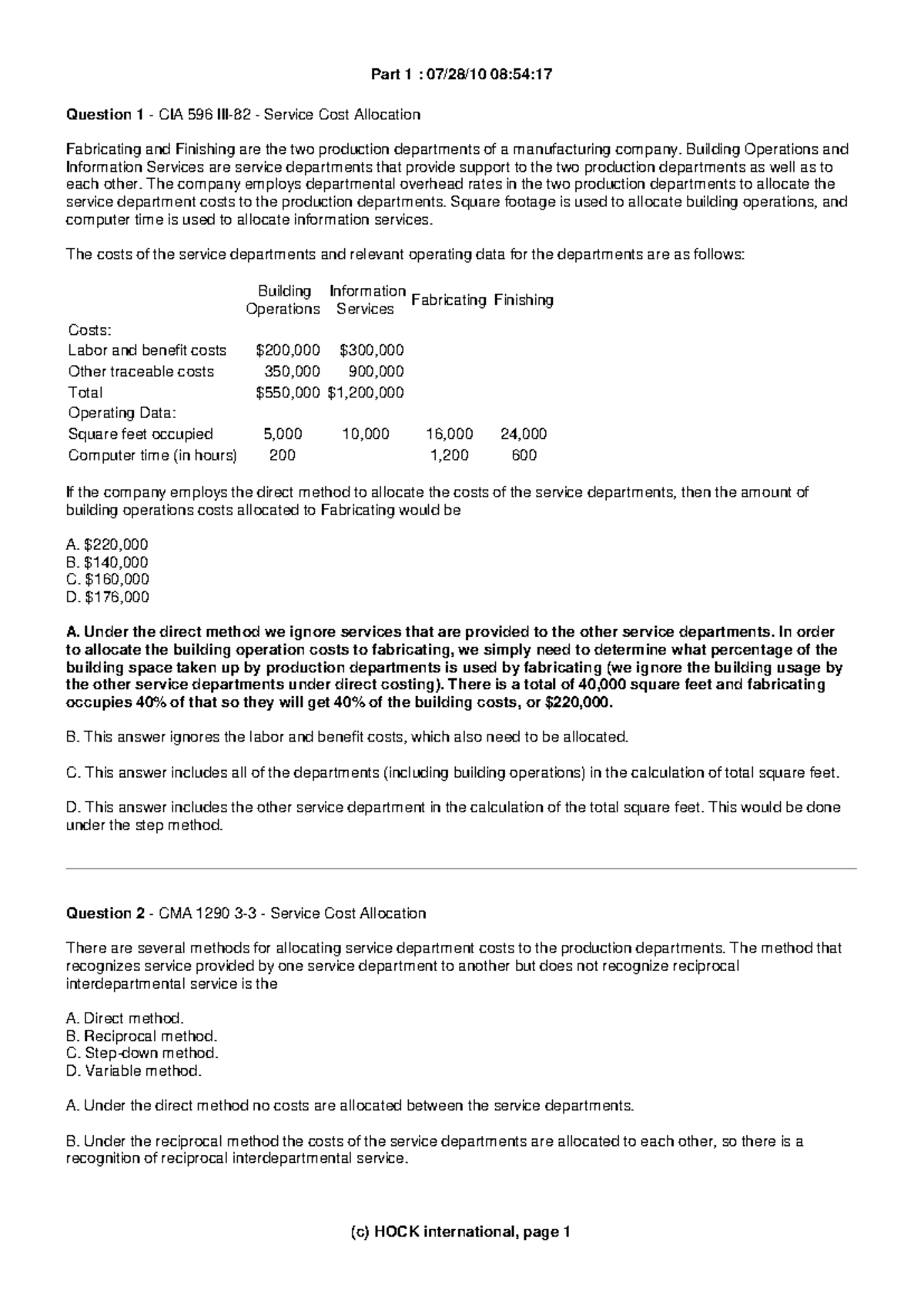 Service Cost Allocation Techniques: Insights and Examples (CMA 691 ...