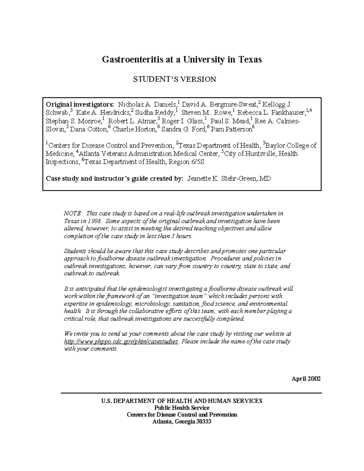BIO205 Case Study: Gastroenteritis Outbreak at a Texas University - Studocu