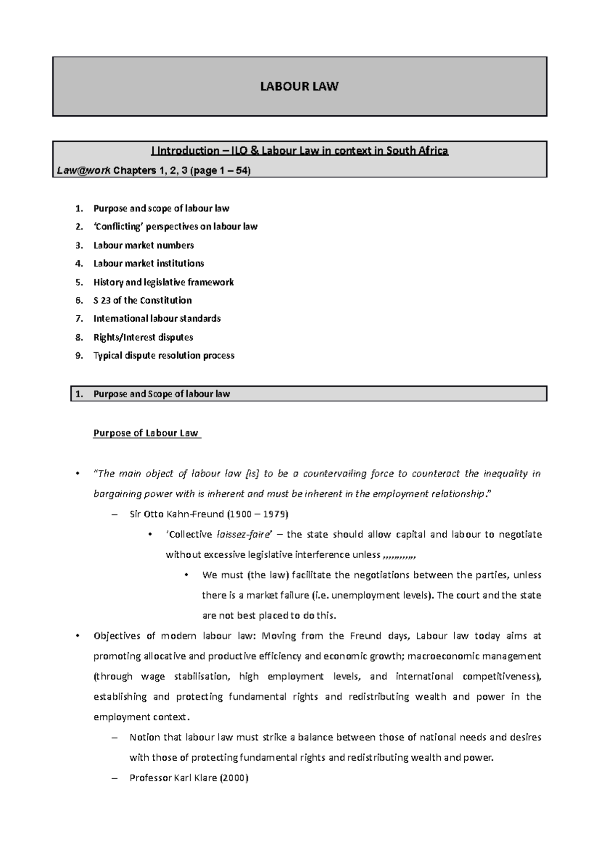 Labour Law Detailed Notes - Law@work Course (Full Year) - Studocu