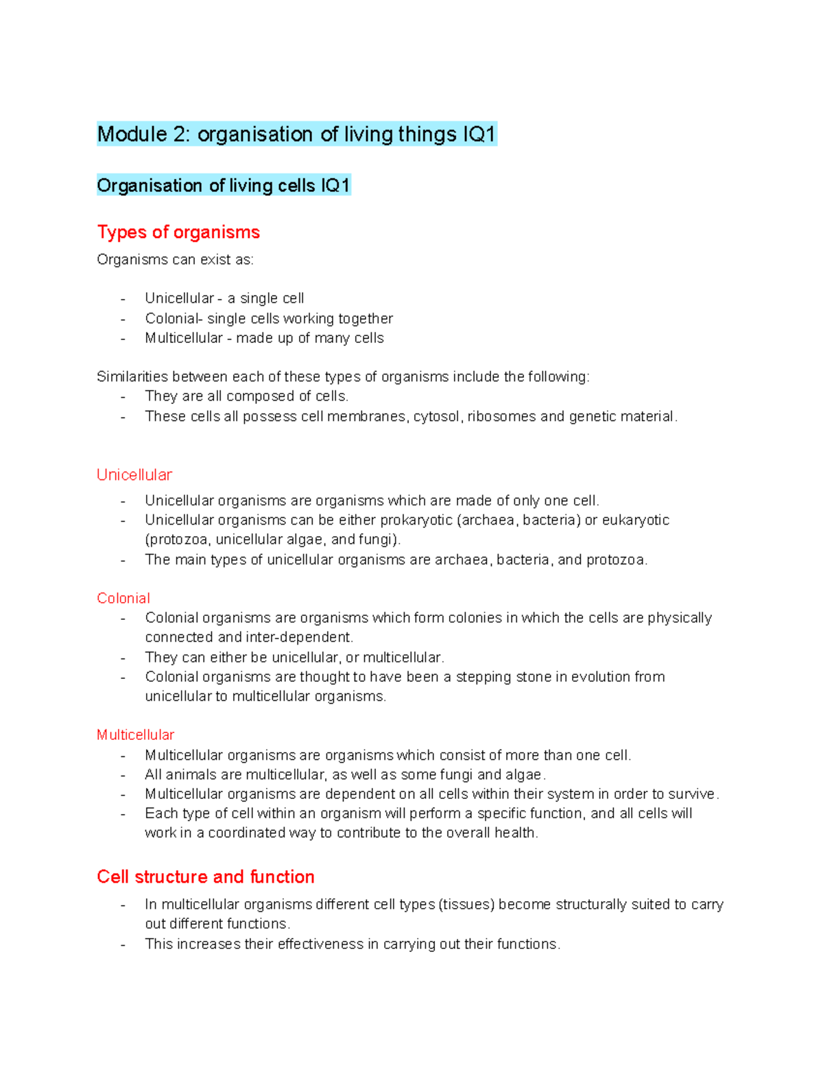 Bio MOD2: Organisation of Living Things - Cells & Transport Systems ...