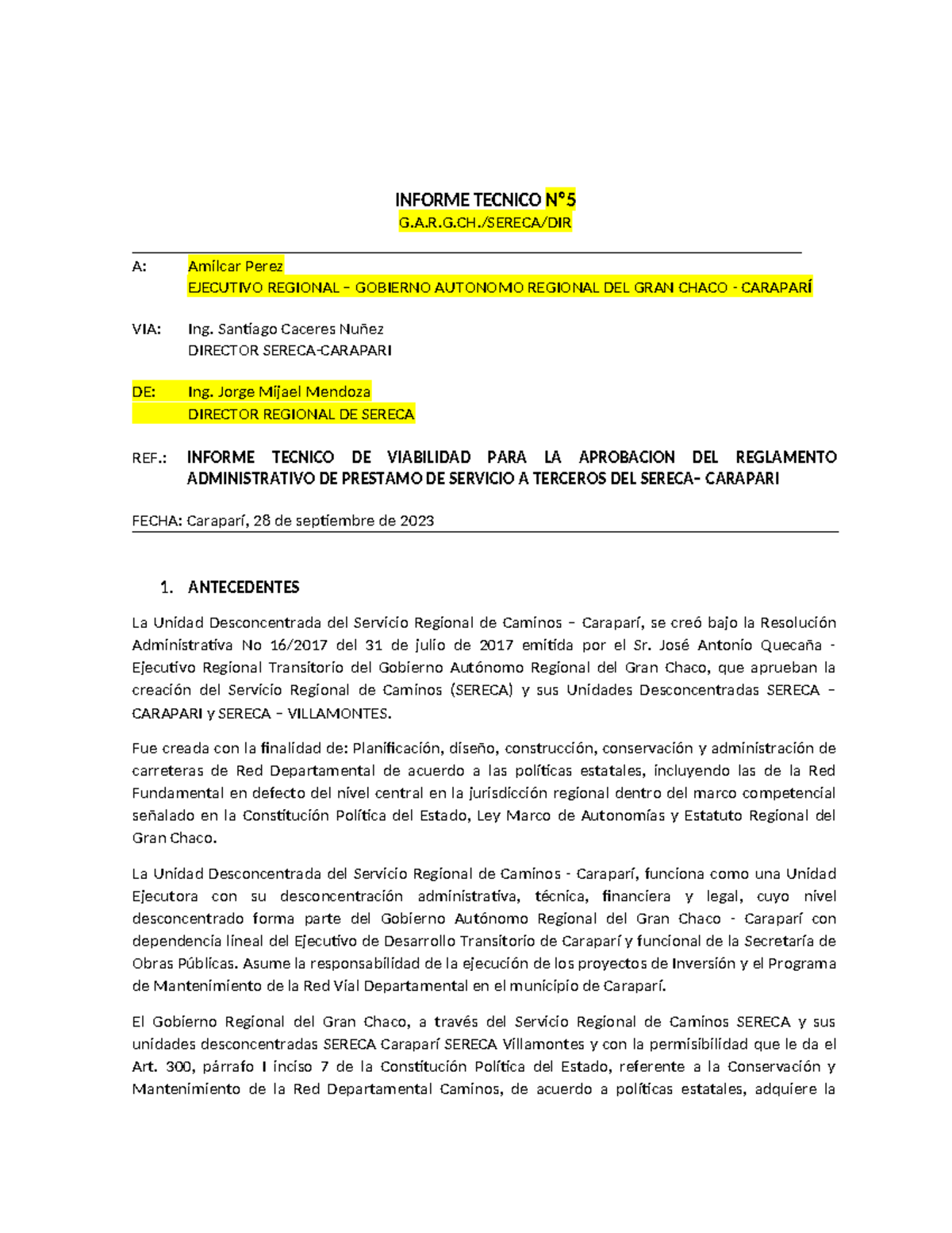 INF. TEC. Viabilidad Reglamento de Servicio del SERECA - Caraparí - Studocu