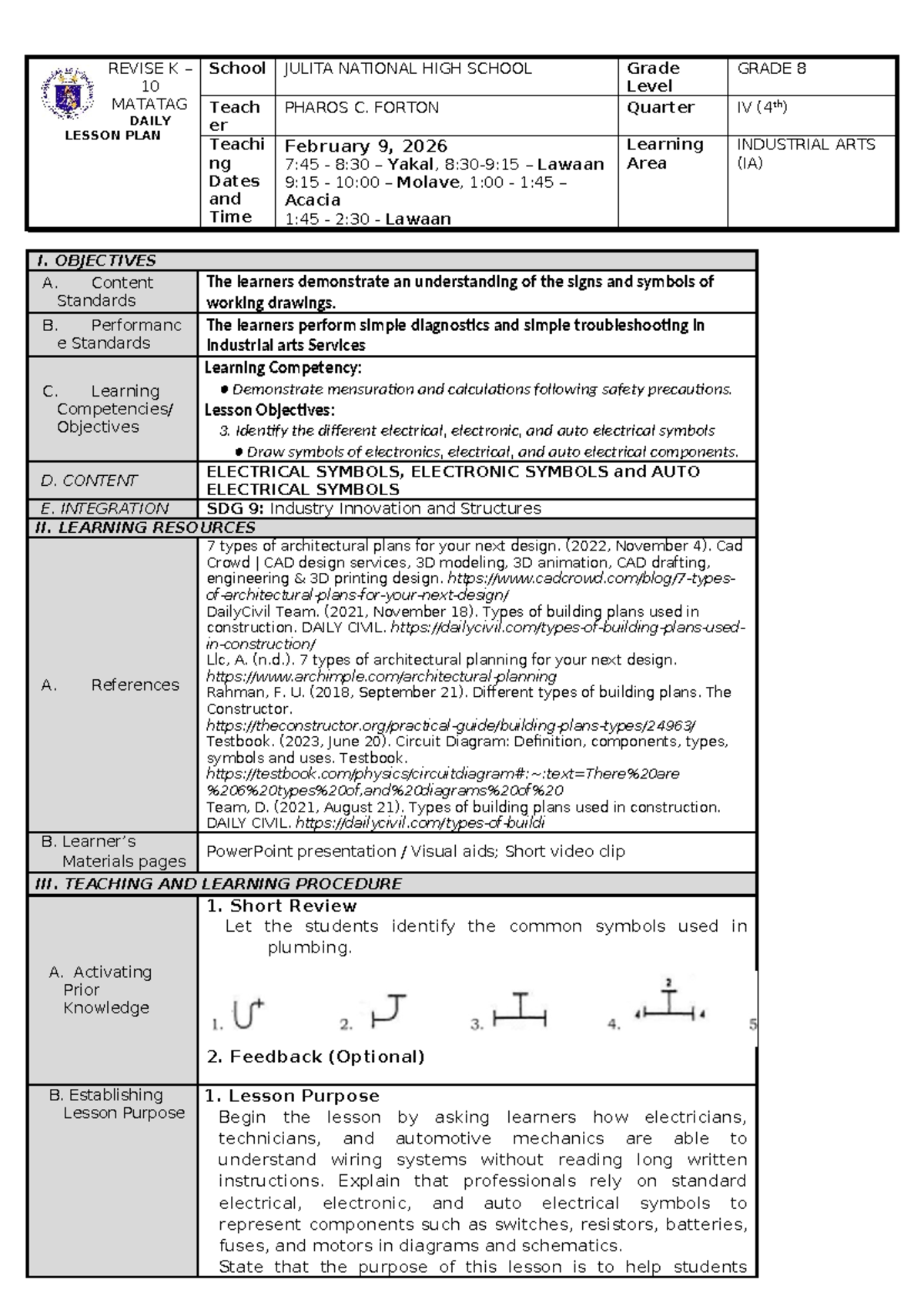 Industrial Arts 8 Daily Lesson Plan: Electrical & Electronic Symbols ...