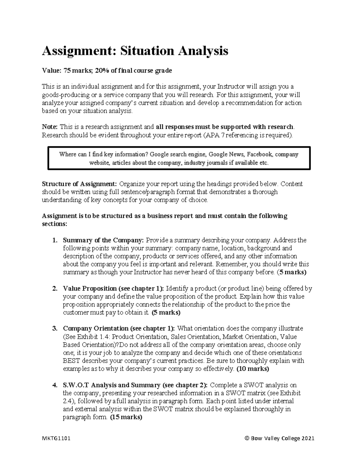 Situation Analysis Assignment - MKTG1101 © Bow Valley College 2021 ...