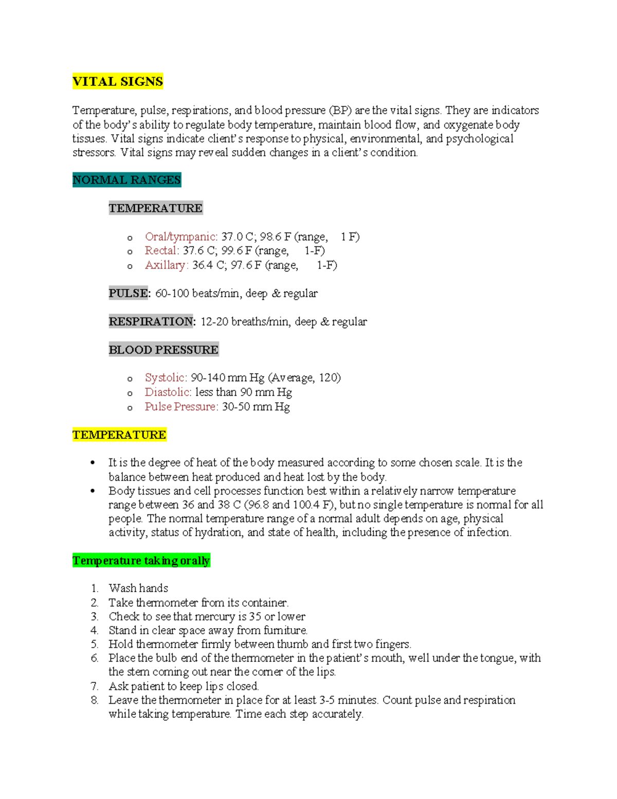 Vital Signs Overview: Temp, Pulse, Respiration & BP - Studocu