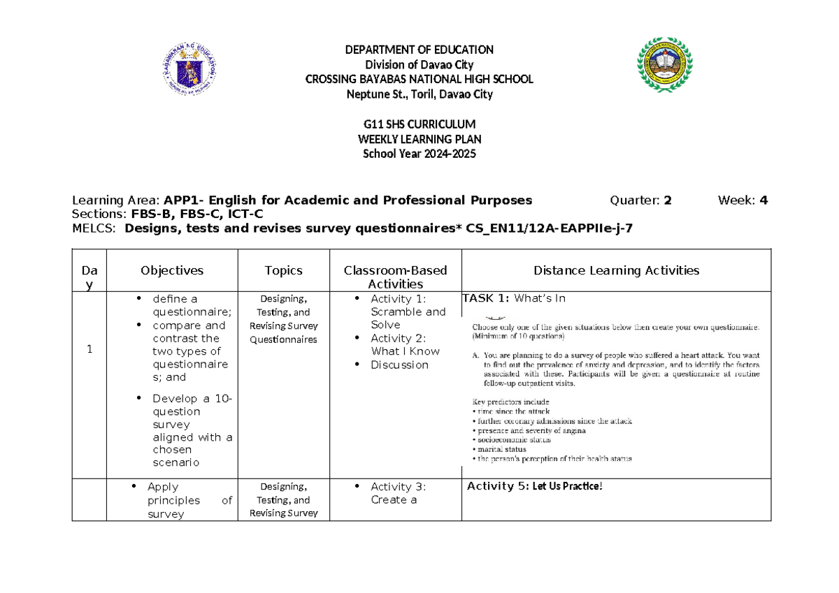 Q2-WEEK 4- APP1 REAL- Weekly-Learning-Plan-Sample-Template-SHS ...